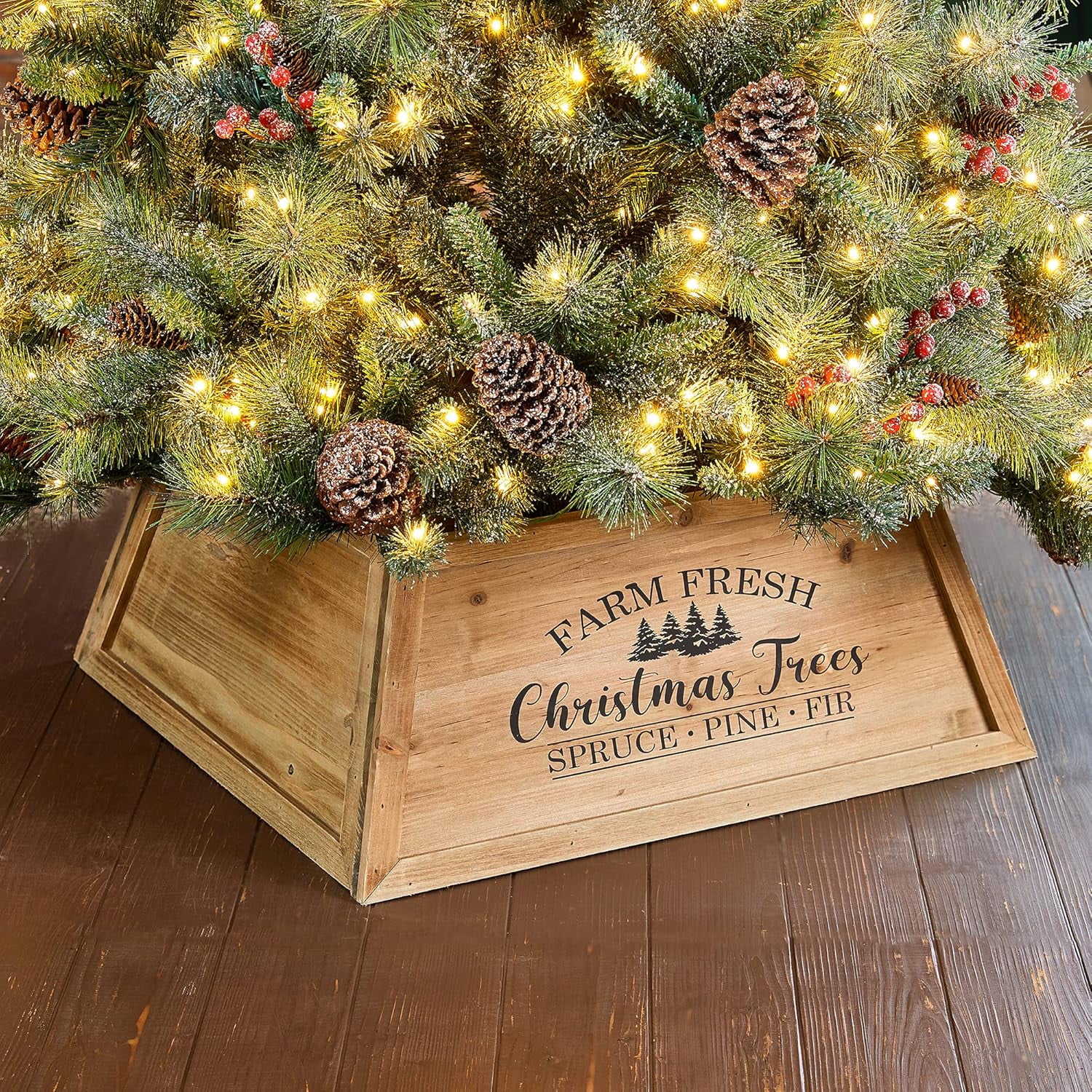 26" L Natural Wooden Trapezoid Tree Collar, Rustic Christmas Trees ...