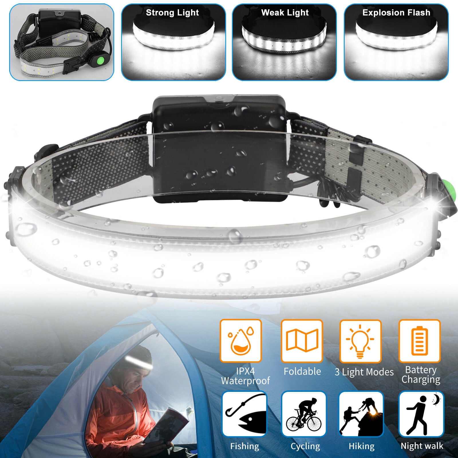 26 LED Headlamp USB Rechargeable Headlight Torch Work Light Bar Head ...