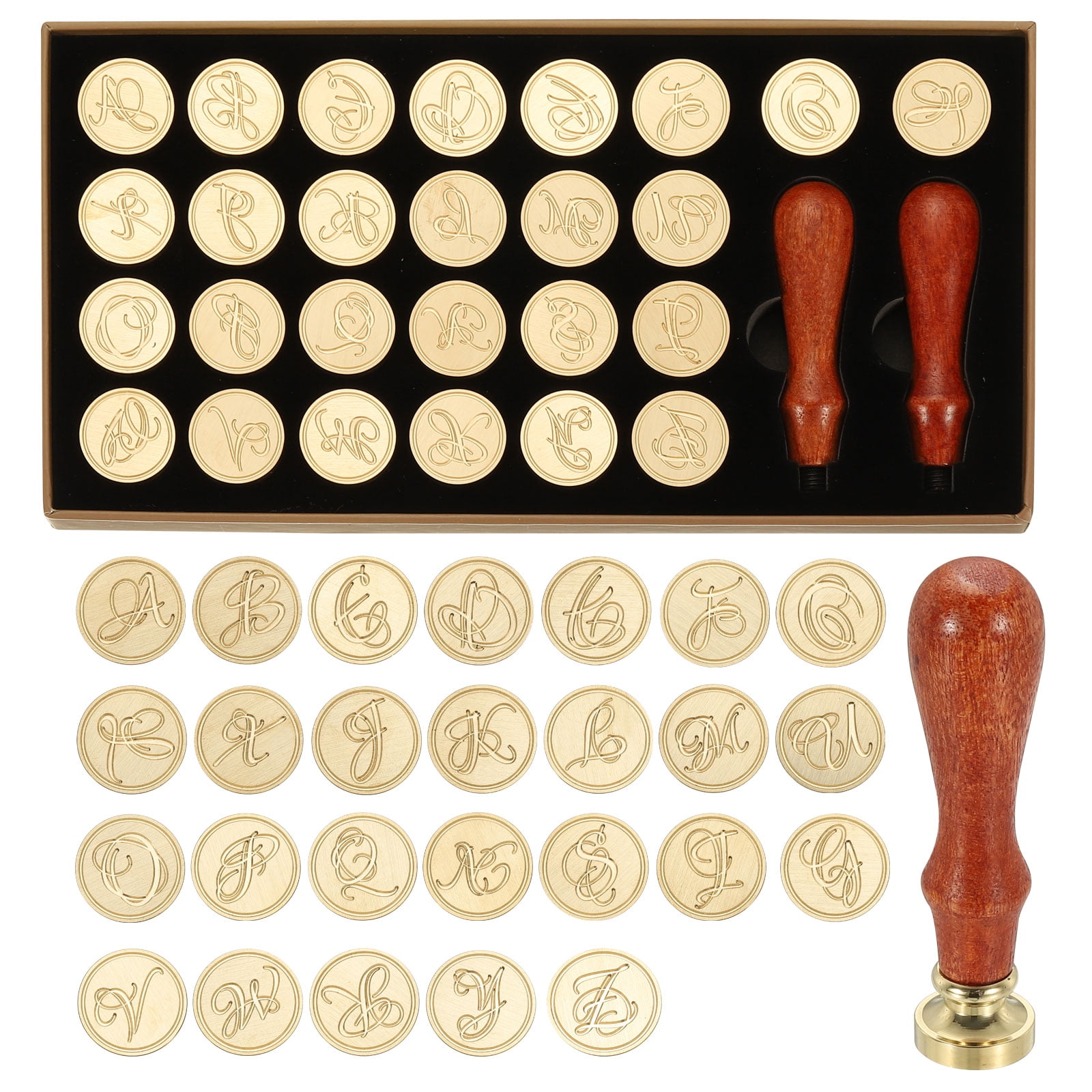 26 Letters A-Z Alphabet Wax Seal Stamp Kit Vintage Sealing Stamp with 12pcs Wooden Handles Gift ...