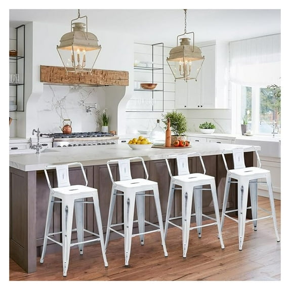 26" Low Back Distressed White Bar Stools Metal Barstools Counter Height ...