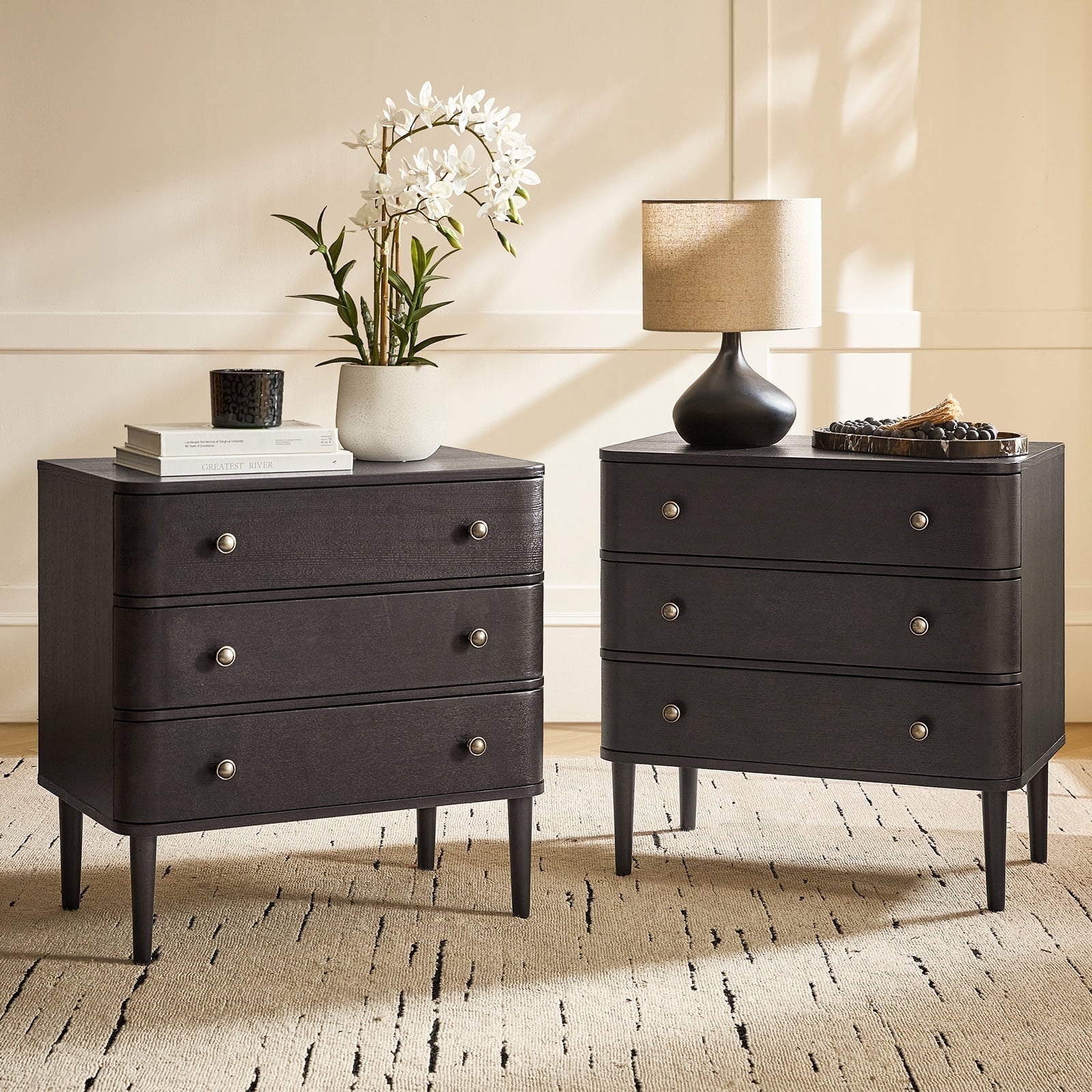 26" Modern 3 Drawers End Table Curved Table Set of 2 with Charging ...