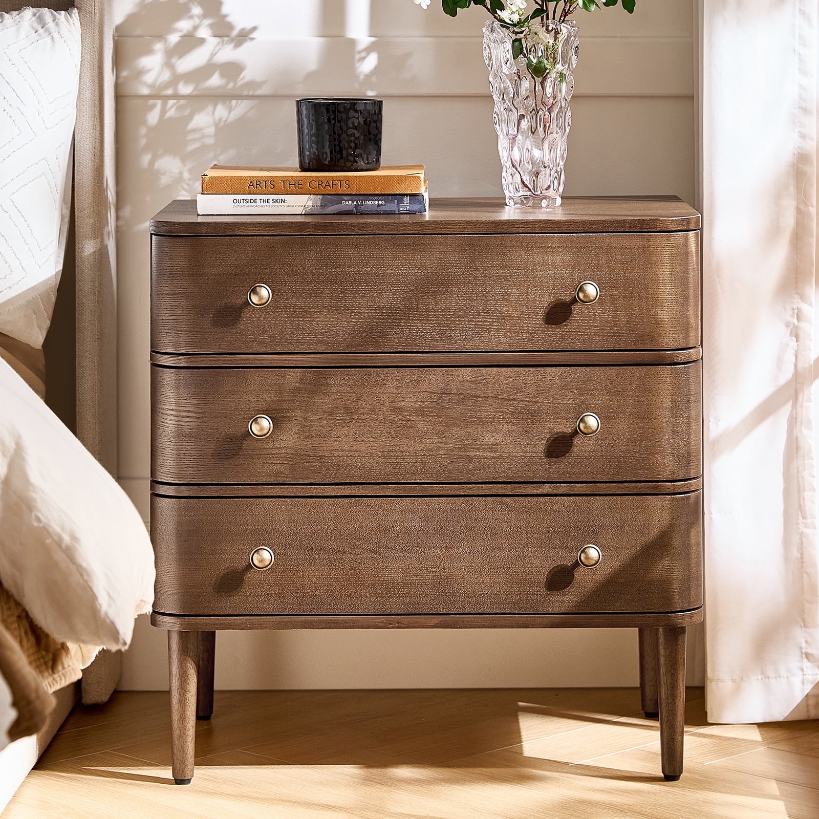 26" Modern 3 Drawers Nightstand Curved Bedside Table with Charging ...