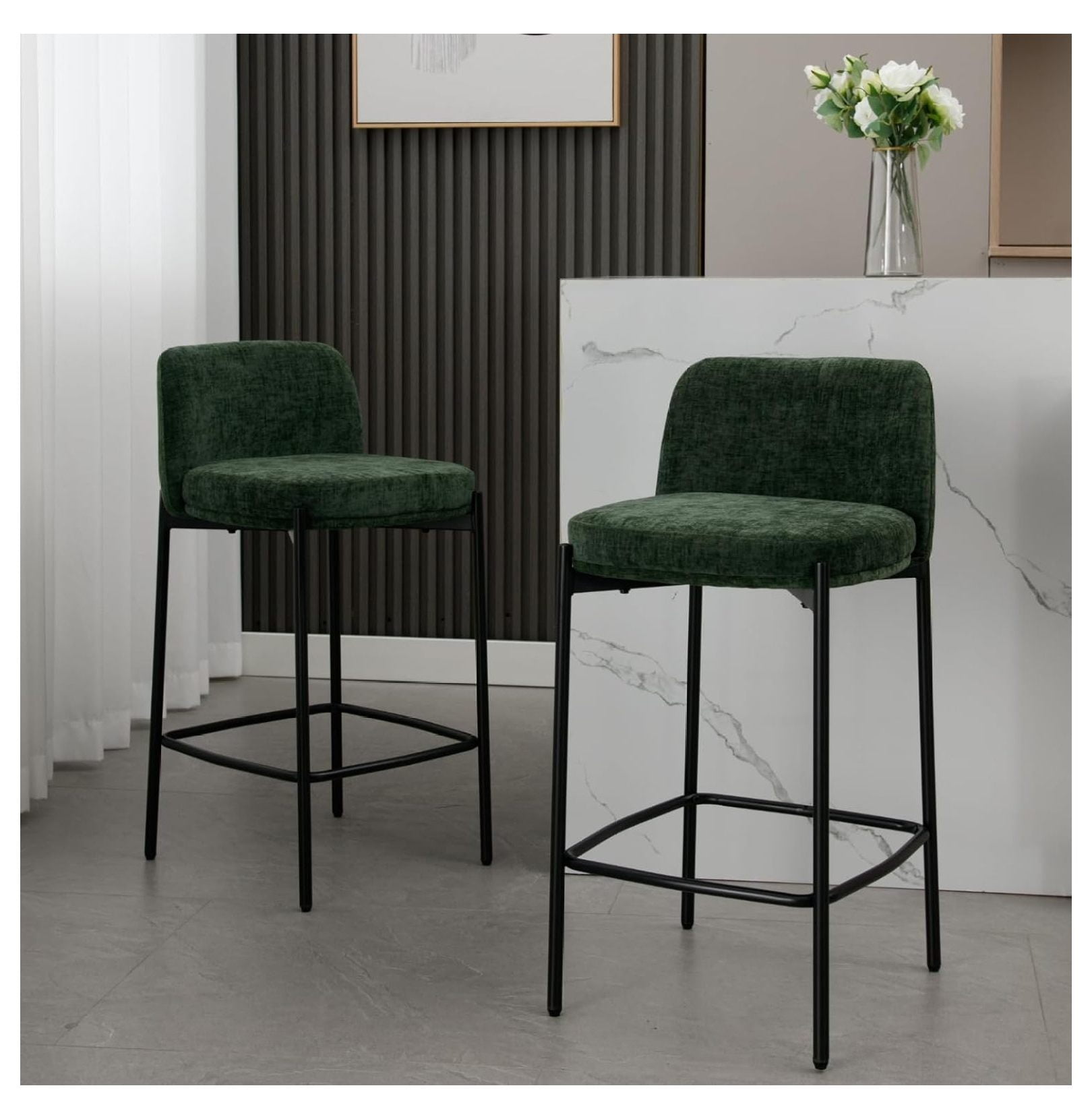 26" Modern Chenille Counter Stools Set of 2, Green Upholstered Boucle ...