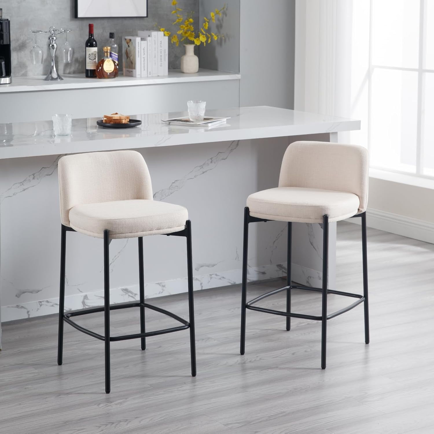 26" Modern Linen Counter Stools Set of 2, Beige Upholstered Boucle ...