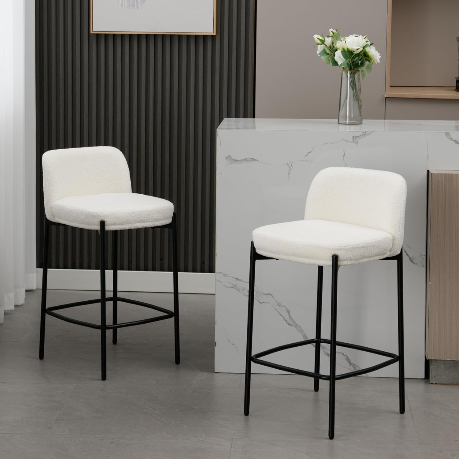 26" Modern Sherpa Counter Stools Set of 2, White Upholstered Boucle ...