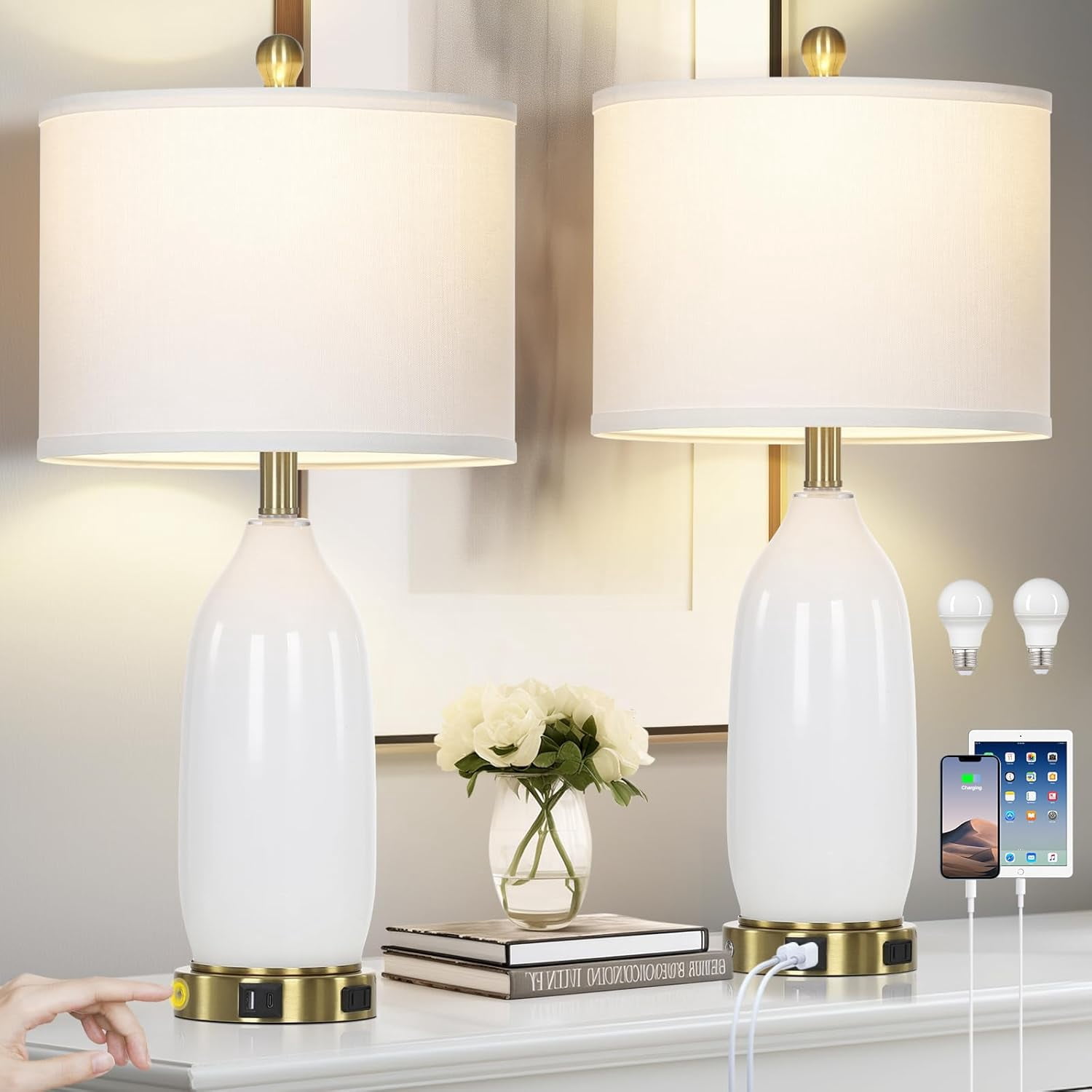 26" Modern White Glass Table Lamps Set of 2,Nightstand Lamp with USB A ...