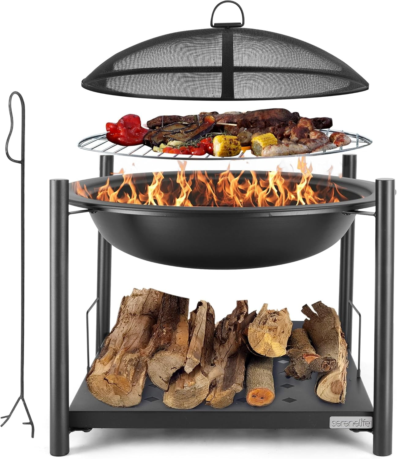 26" Outdoor Wood Fire Pit with BBQ Grill, Mesh Screen, and Wood Storage ...