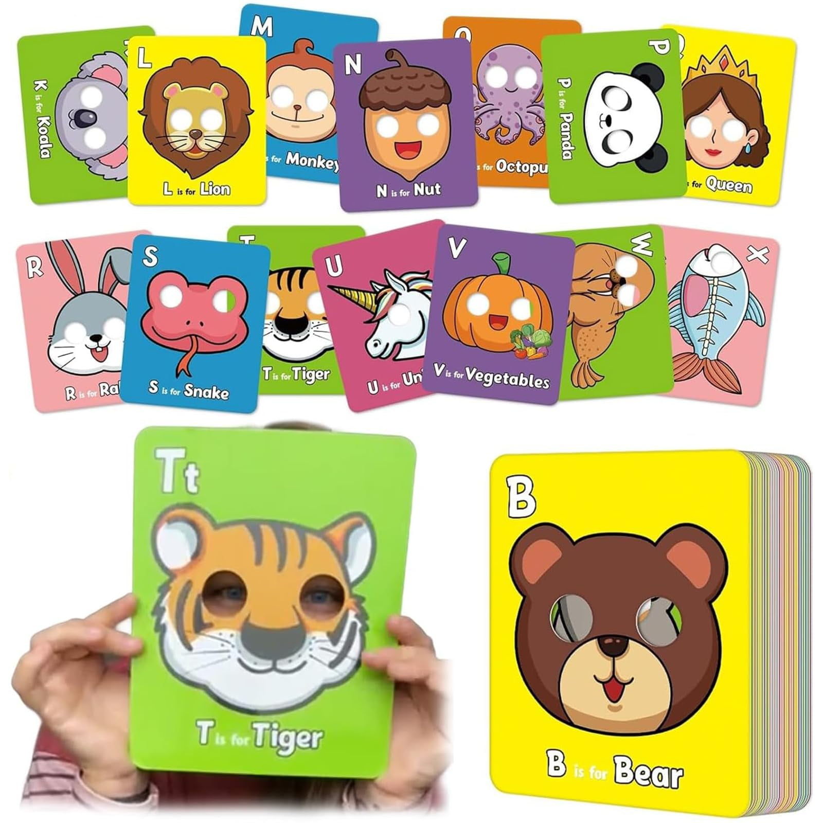 26 PCS Alphabet ABC Flash Cards with Animal, ABC Learning Masks Cards ...