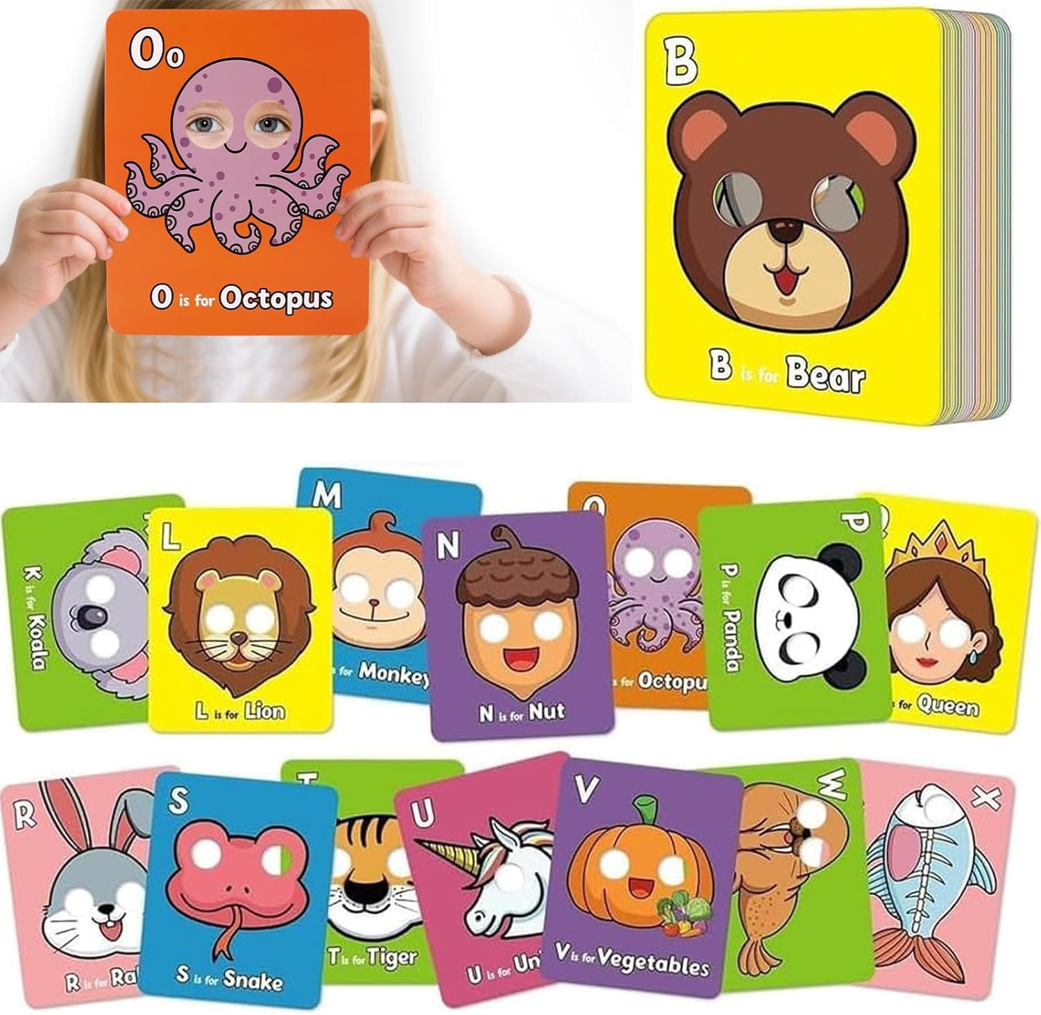 26 PCS Alphabet ABC Flash Cards with Animal Masks, Colorful Alphabet ...