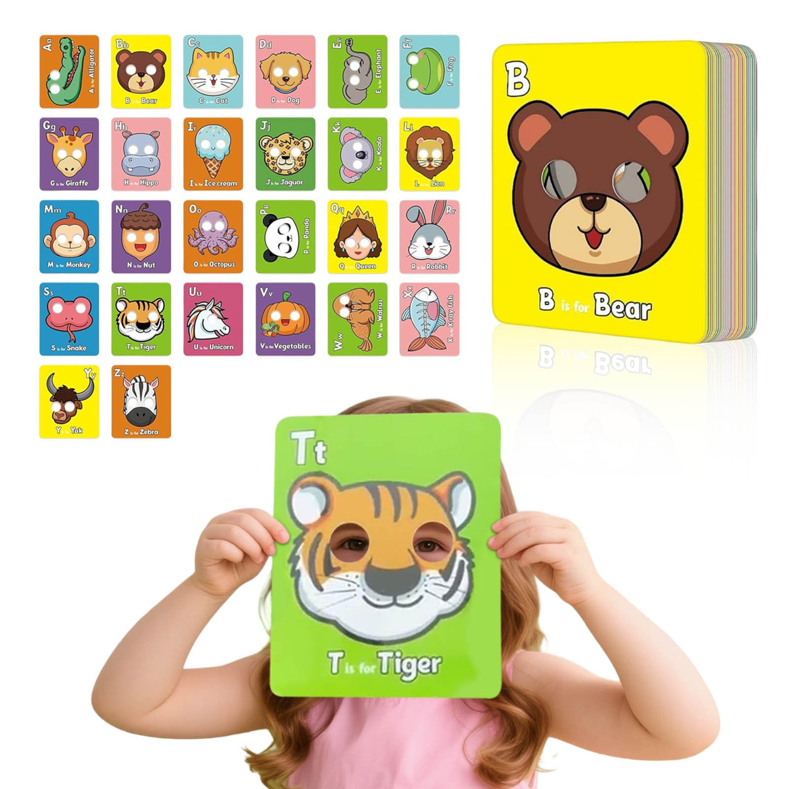 26 PCS Alphabet ABC Flash Cards with Animal Masks, Colorful Alphabet ...