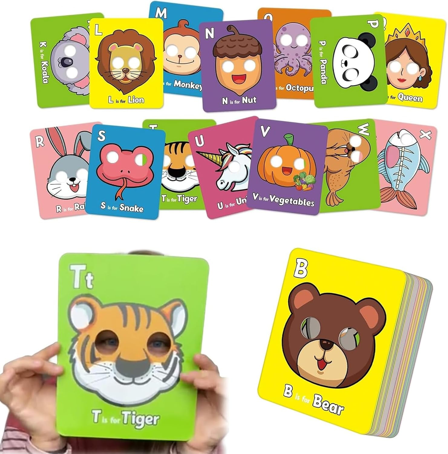26 PCS Alphabet ABC Flash Cards with Animal Masks - Giant Colorful Mask ...