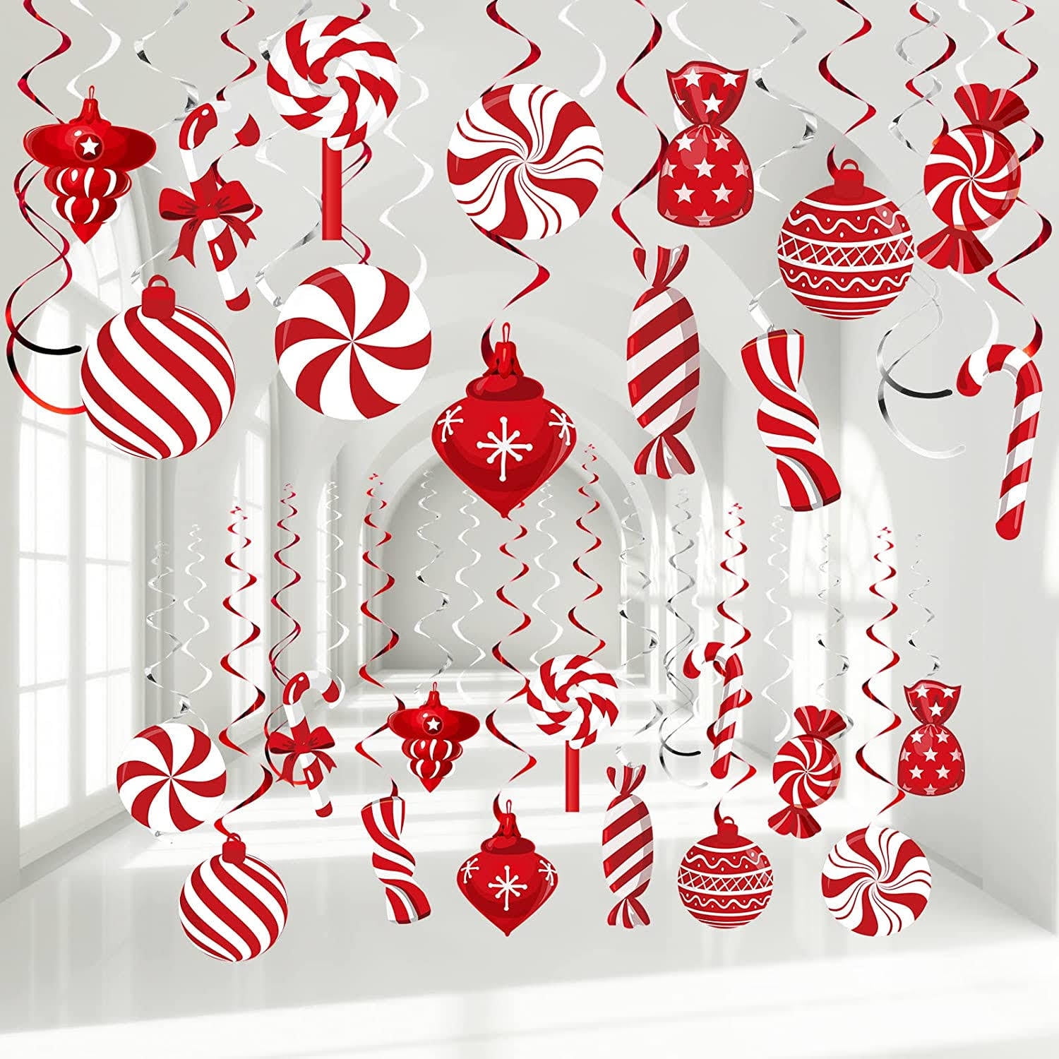 26 PCS Christmas Candy Hanging Swirls Decorations Pre-Strung Candy Cane ...