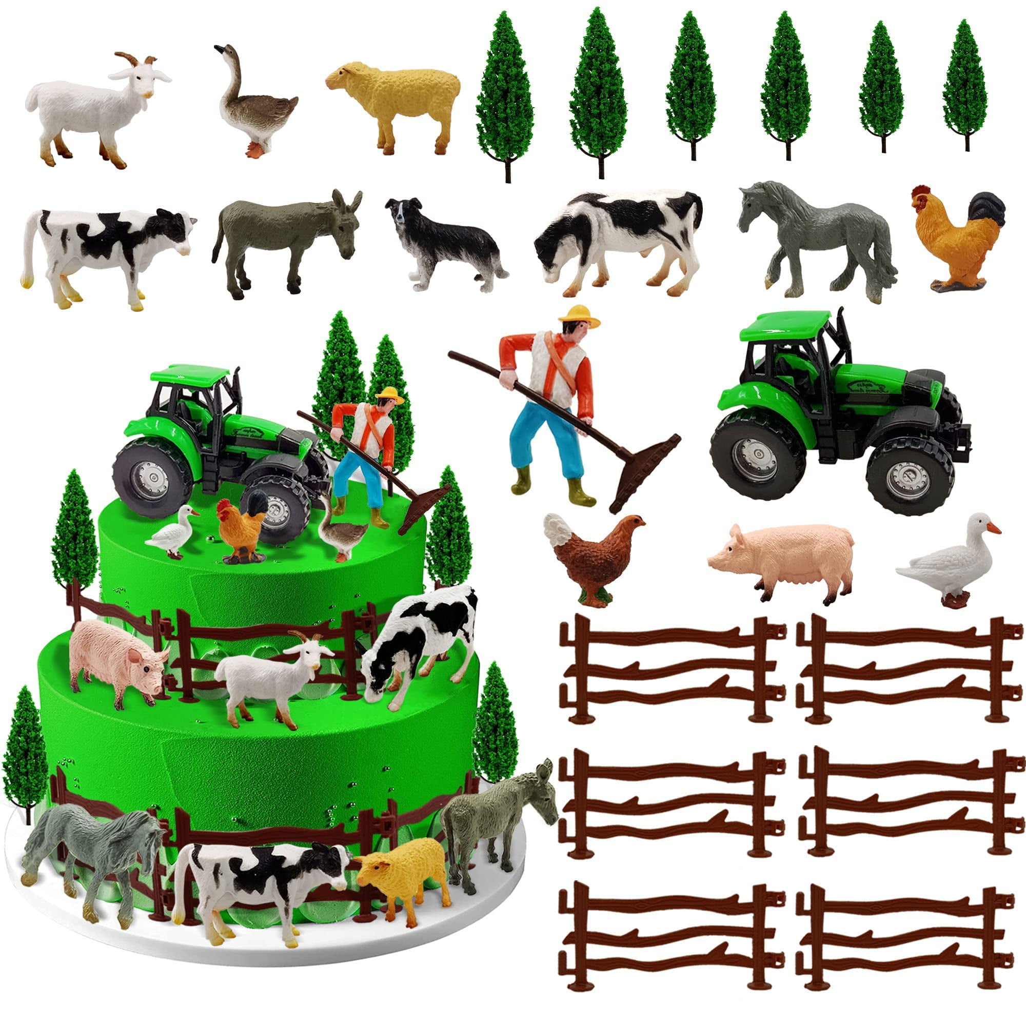 26 PCS Mini AJH3 Farm Animal Tractor Cake Topper Set with Tree Farmer ...