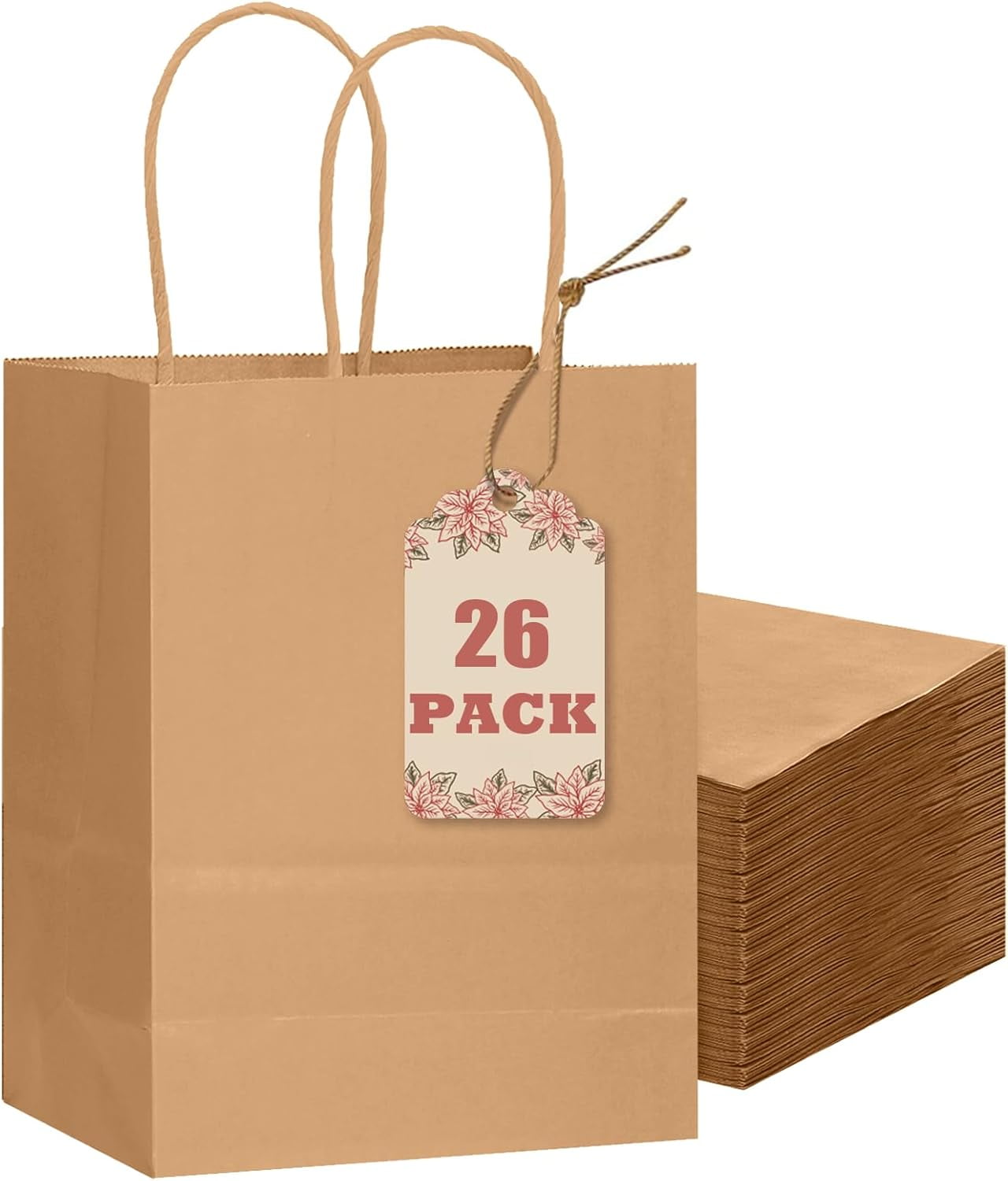 26-Packs Brown Gift Bags with Handles Bulk 8.3"x3"x 6" Small Size Kraft ...