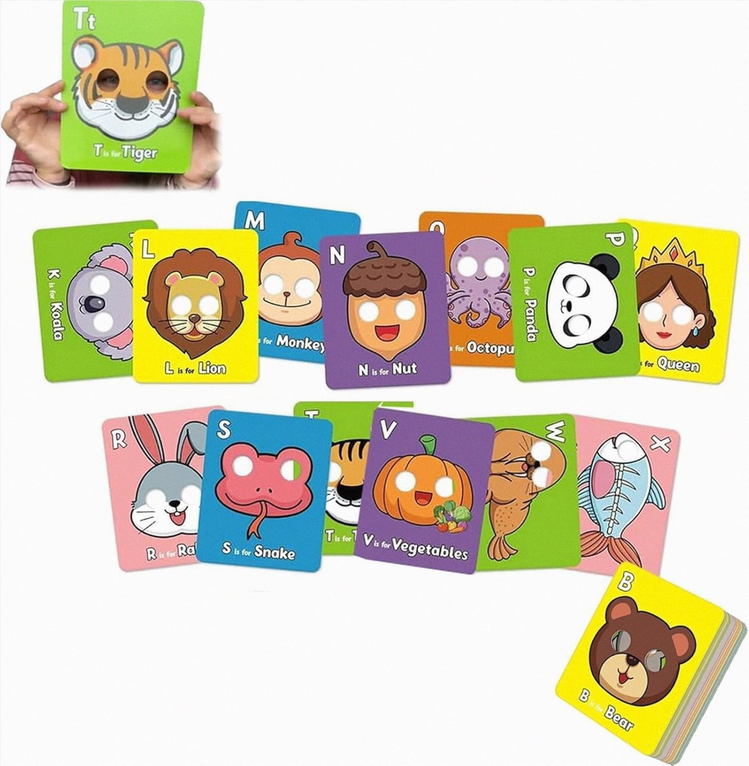 26 PCS Alphabet ABC Flash Cards with Animal Masks, Colorful Alphabet ...