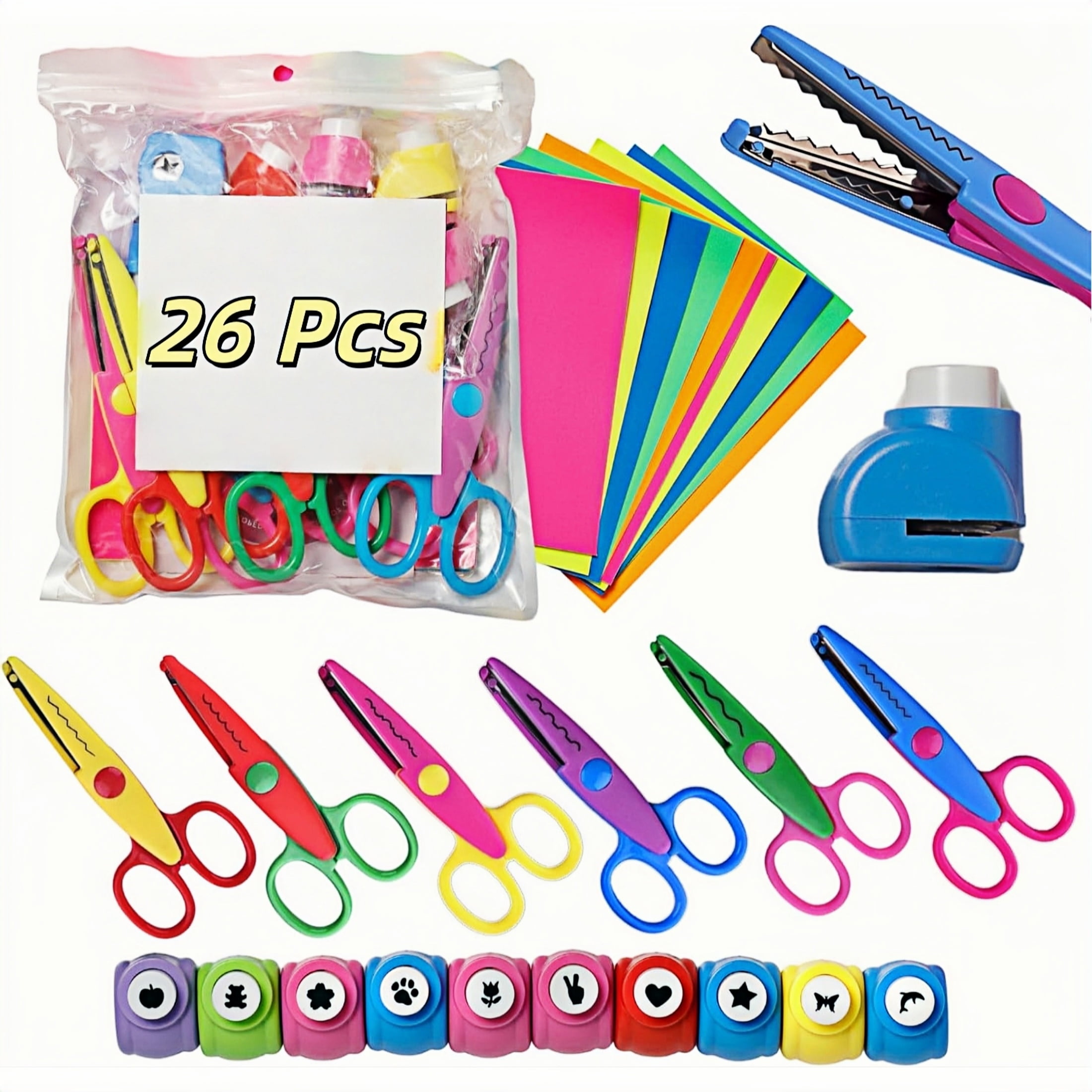26 Pcs Craft Scissors Kit, 6 Decorative Edge Scissors, 10 Shape Punches ...
