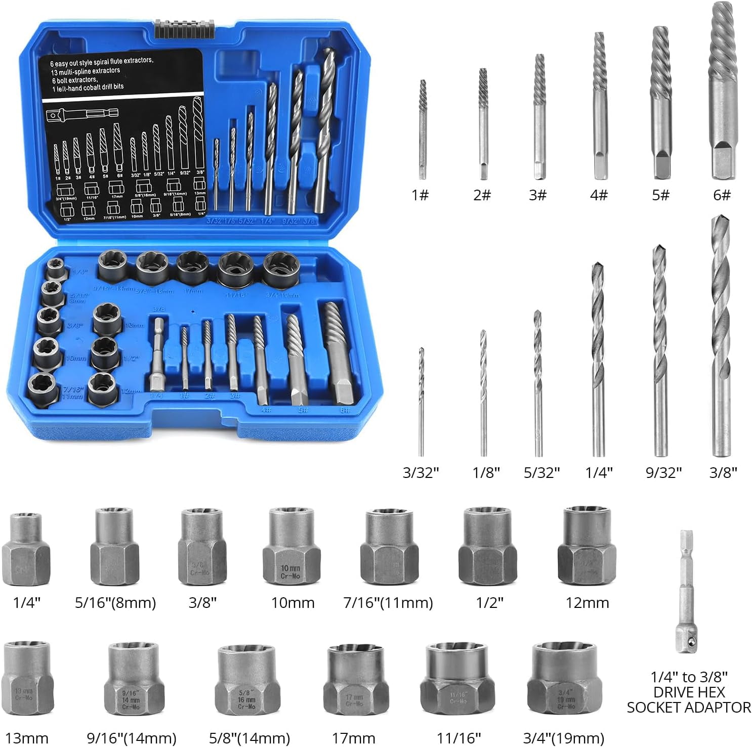 26-Piece Bolt Extractor & Screw Extractor Set with Cobalt Drill Bits ...