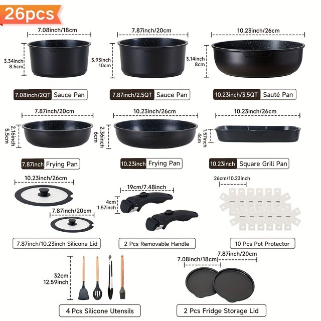 26-Piece Nonstick Detachable Pot Set, Induction Cookware with Removable ...