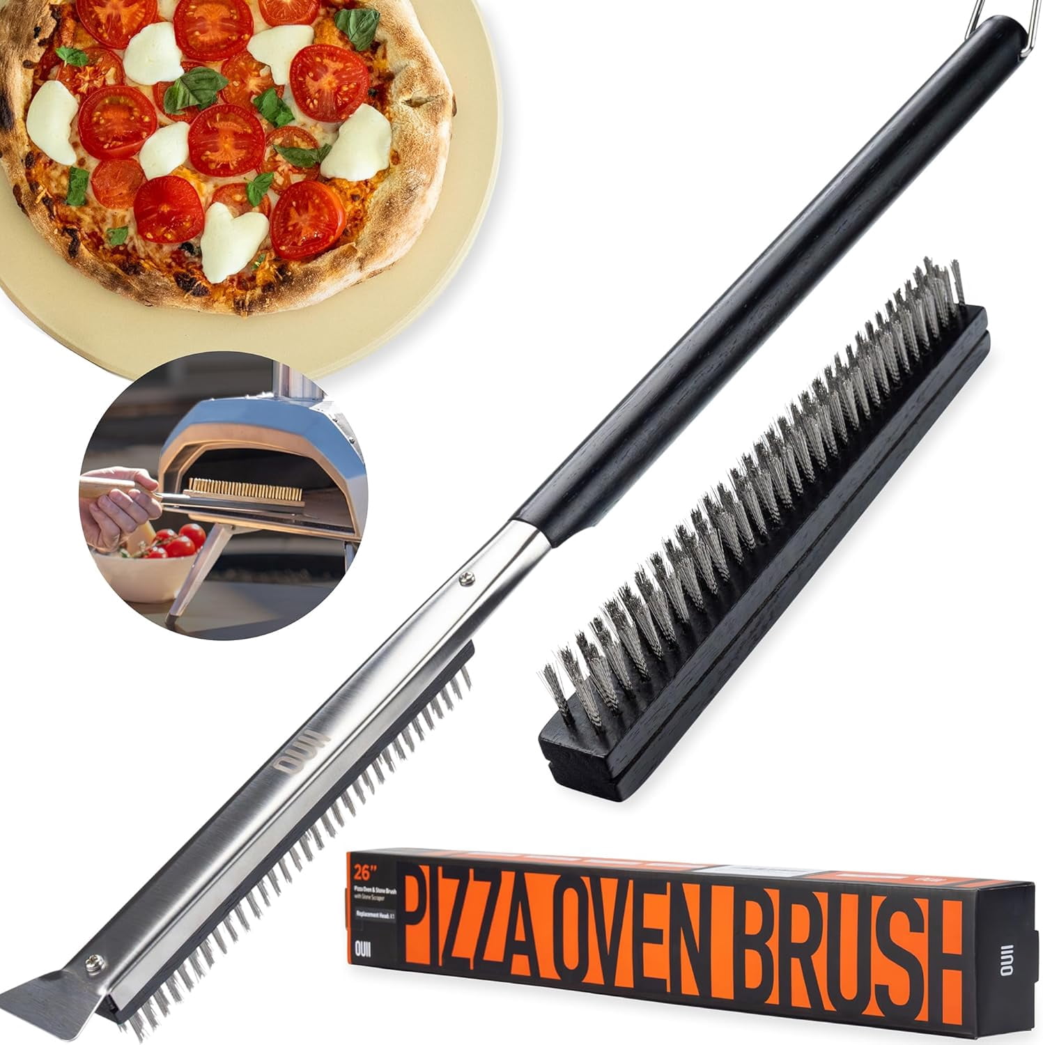 26'' Pizza Oven Brush with Stone Scraper - Includes 2 Heads, Heat ...