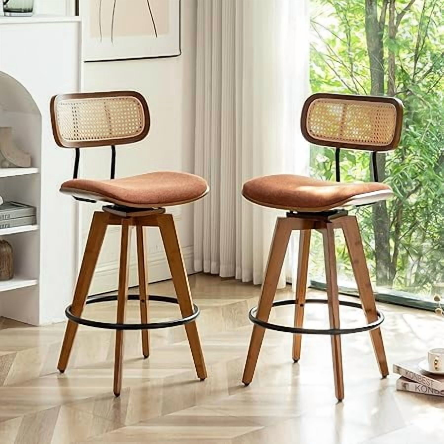 26" Rattan Bar Stools Set of 2 Linen Fabric Counter Height Swivel ...