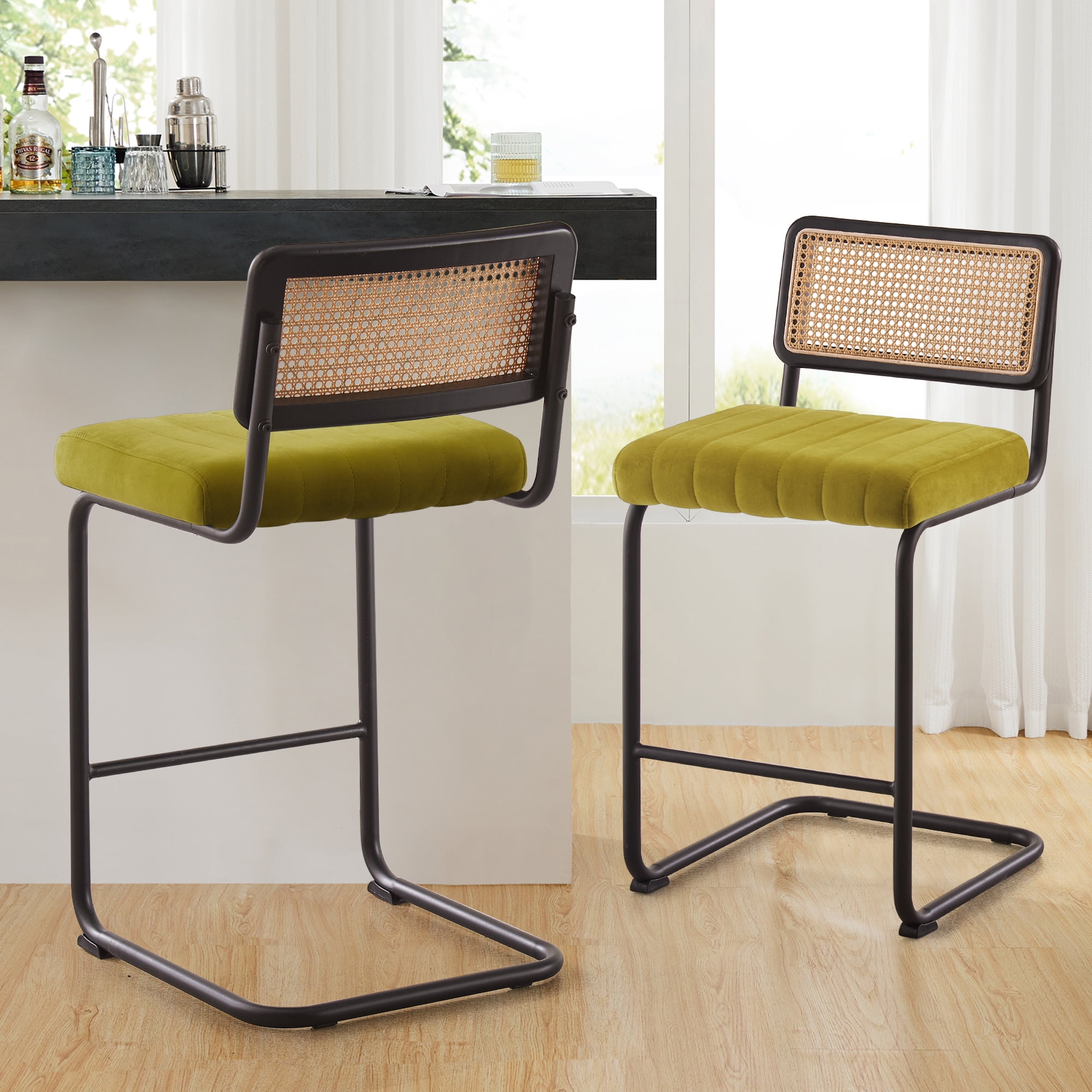 26" Rattan Bar Stools, Set of 2, Rattan Counter Height Velvet Armless ...