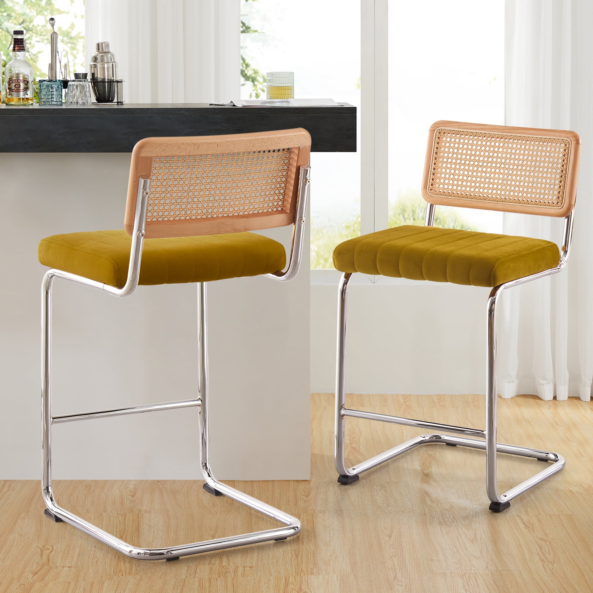 26" Rattan Bar Stools, Set of 2, Rattan Counter Height Velvet Armless ...