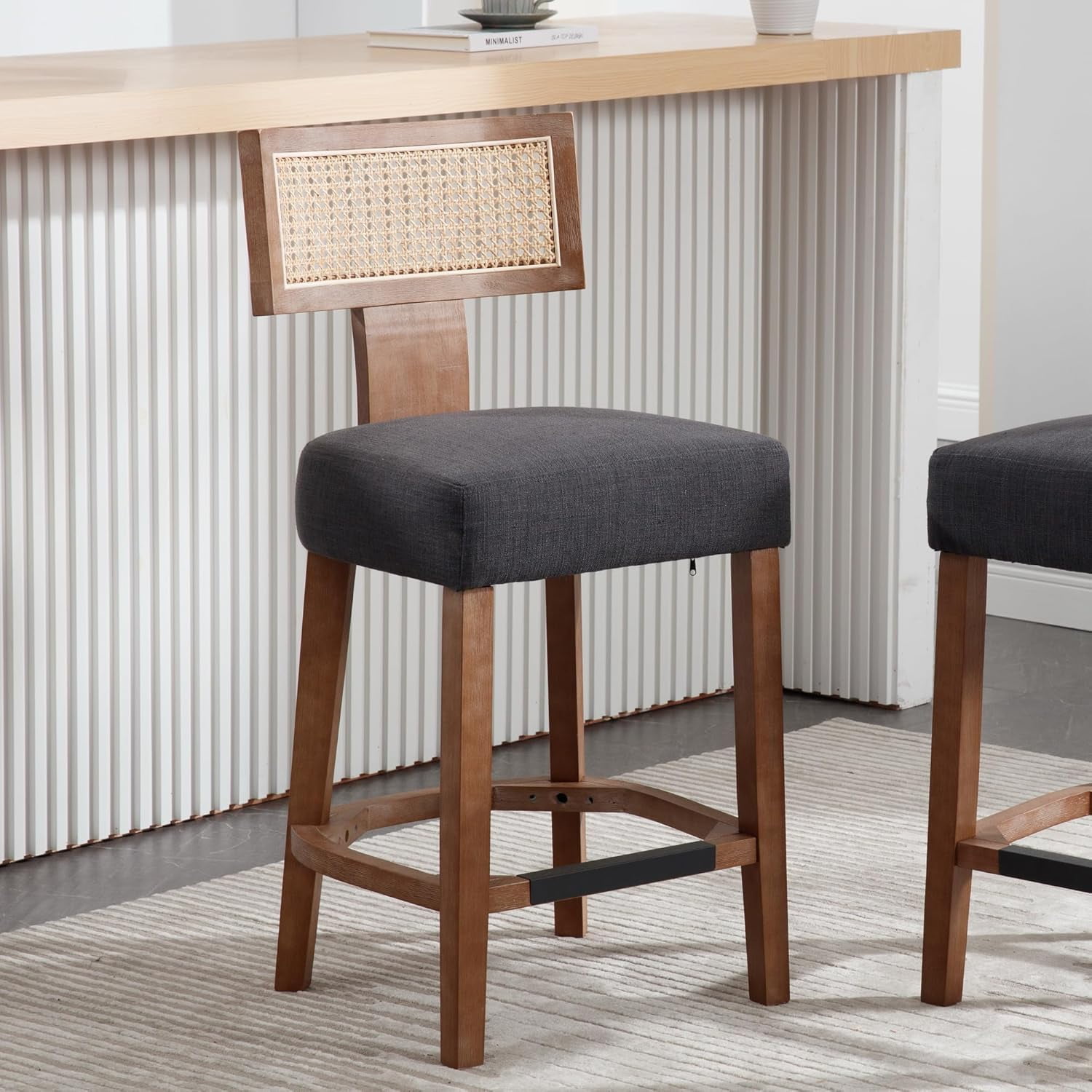 26” Rattan Woven Bar Stool, Natural Wooden Counter Height Barstool ...