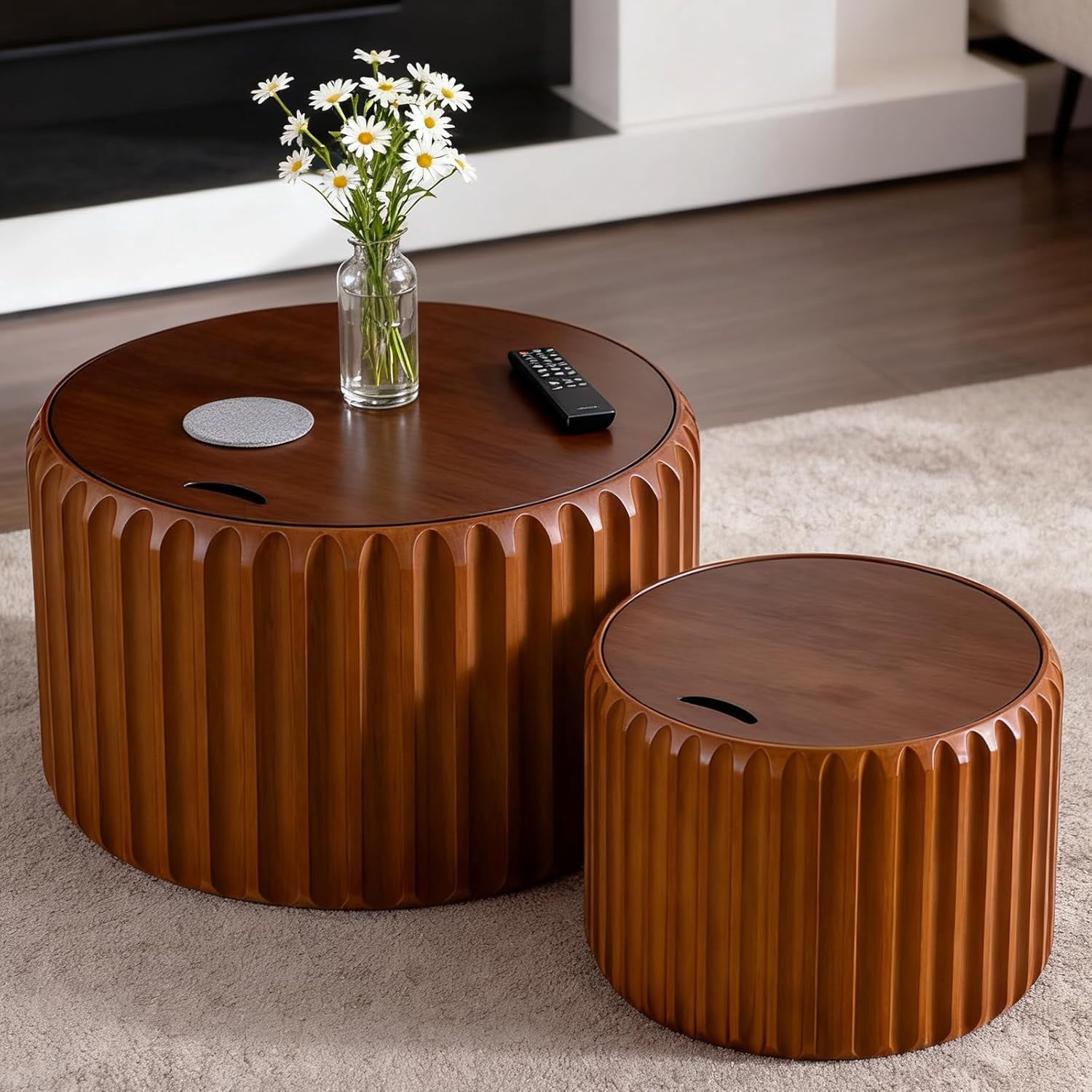 26" Round Nesting Coffee Table Set of 2 with Storage, Modern Round Wood ...