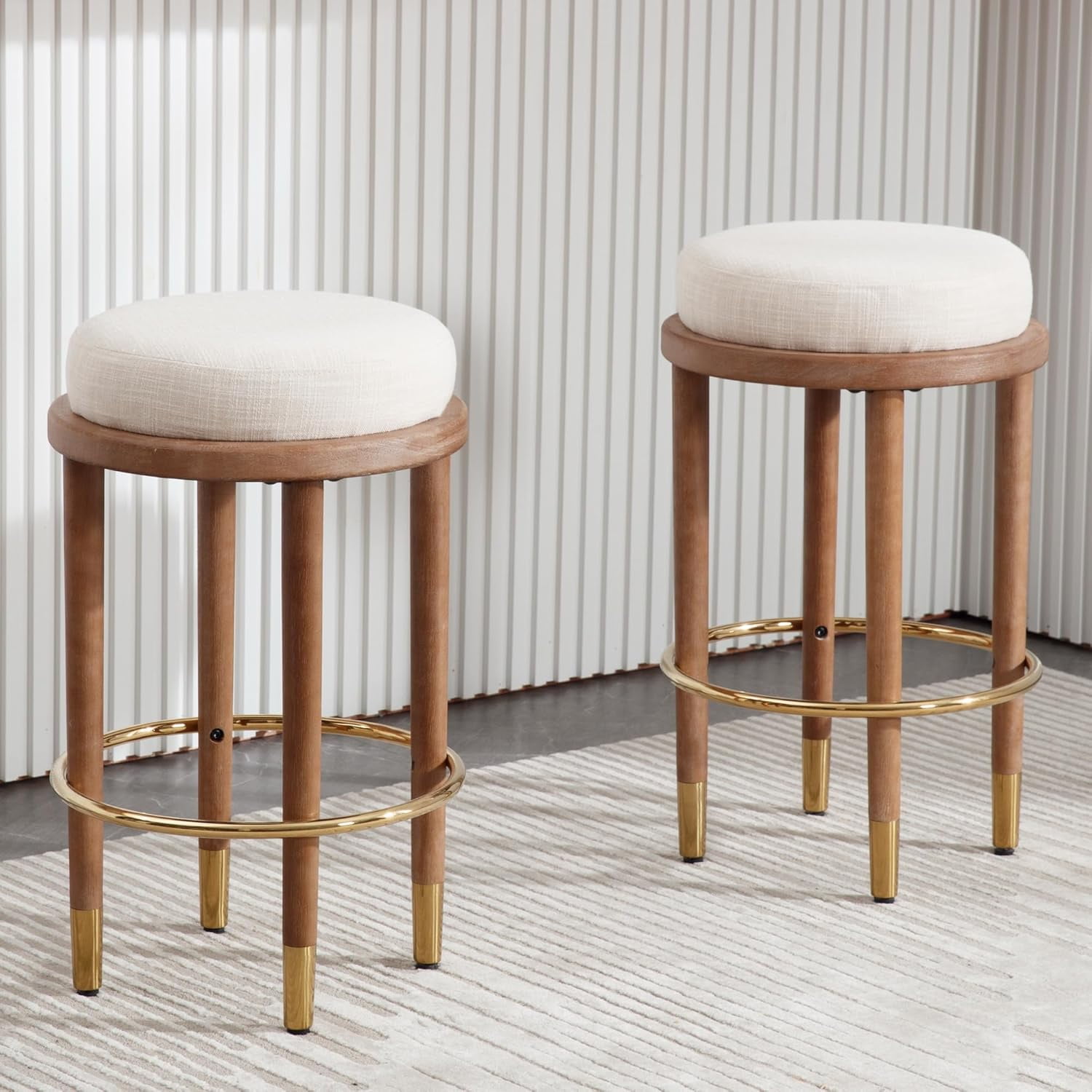 26” Rustic Backless Bar Stools Set of 2 with Wooden Legs, Round Counter ...