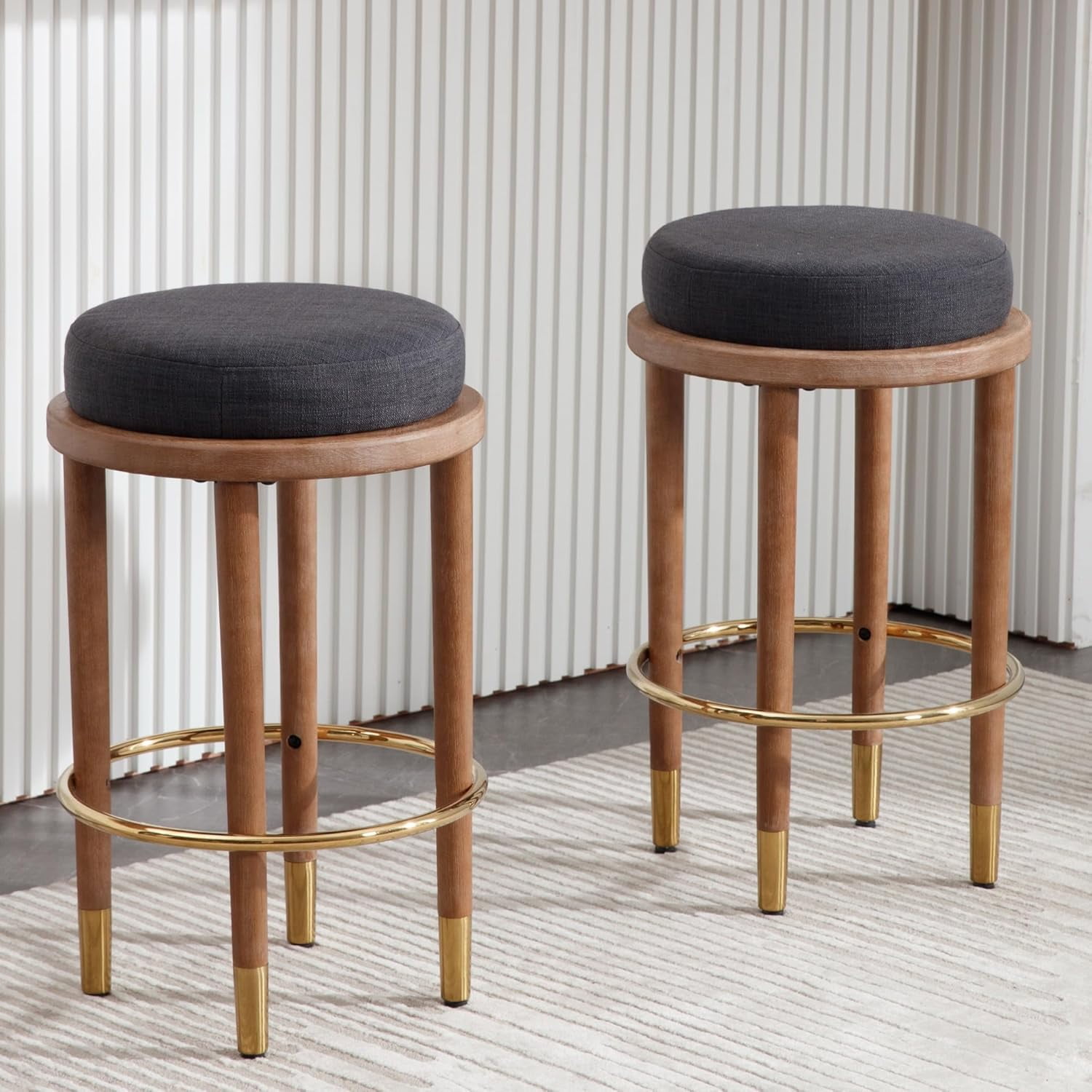 26” Rustic Backless Bar Stools Set of 2 with Wooden Legs, Round Counter ...