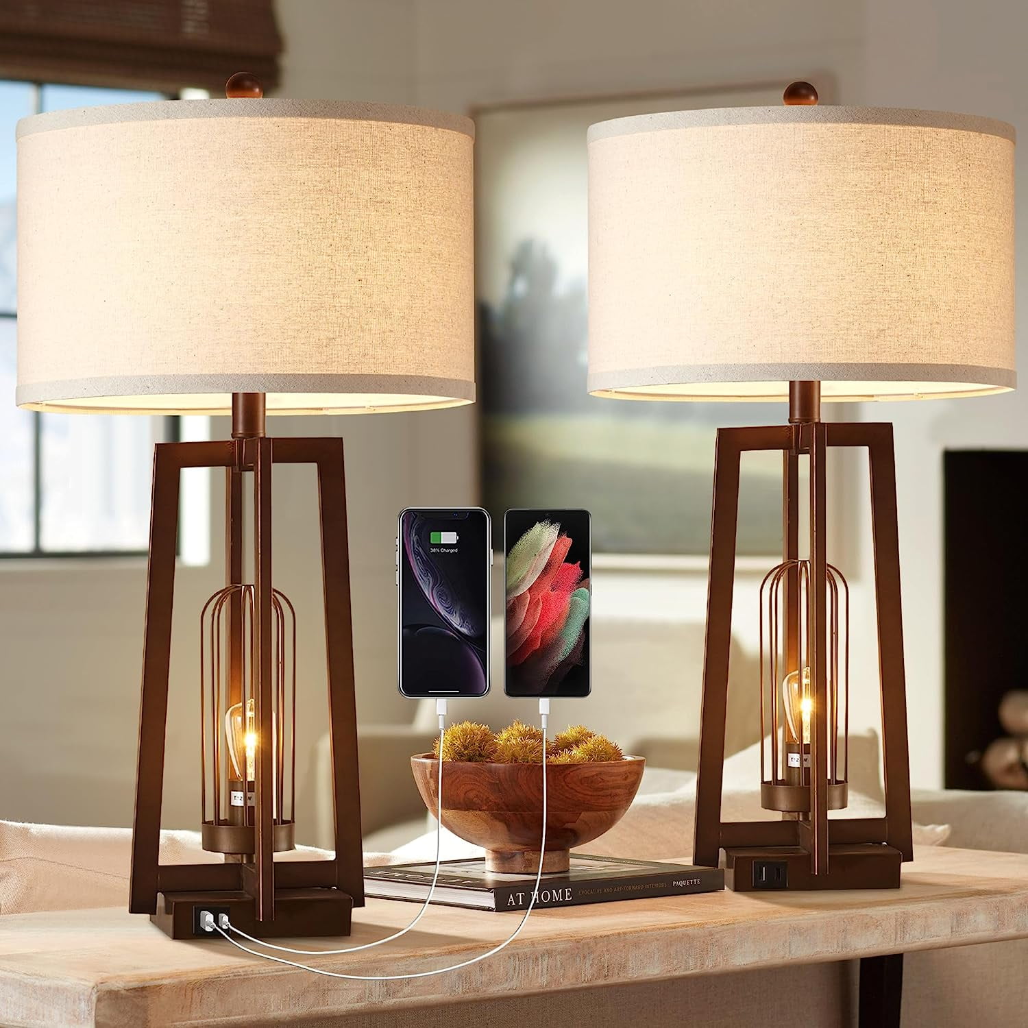 26" Set of 2 Table Lamps with USB & USB-C Port, Farmhouse Table Lamp ...