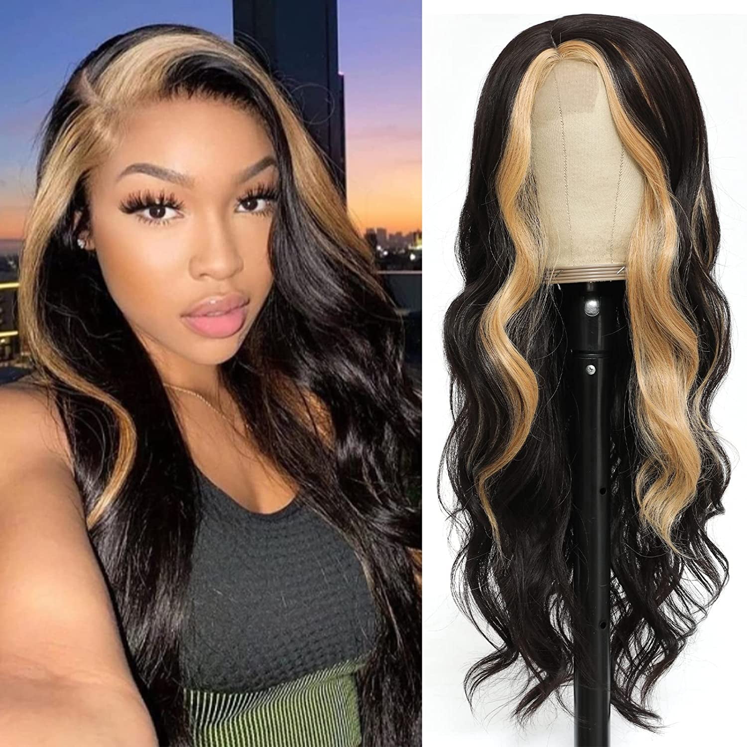 26" Skunk Stripe Body Wave Long Wavy Synthetic Hair Wig for Women Side ...
