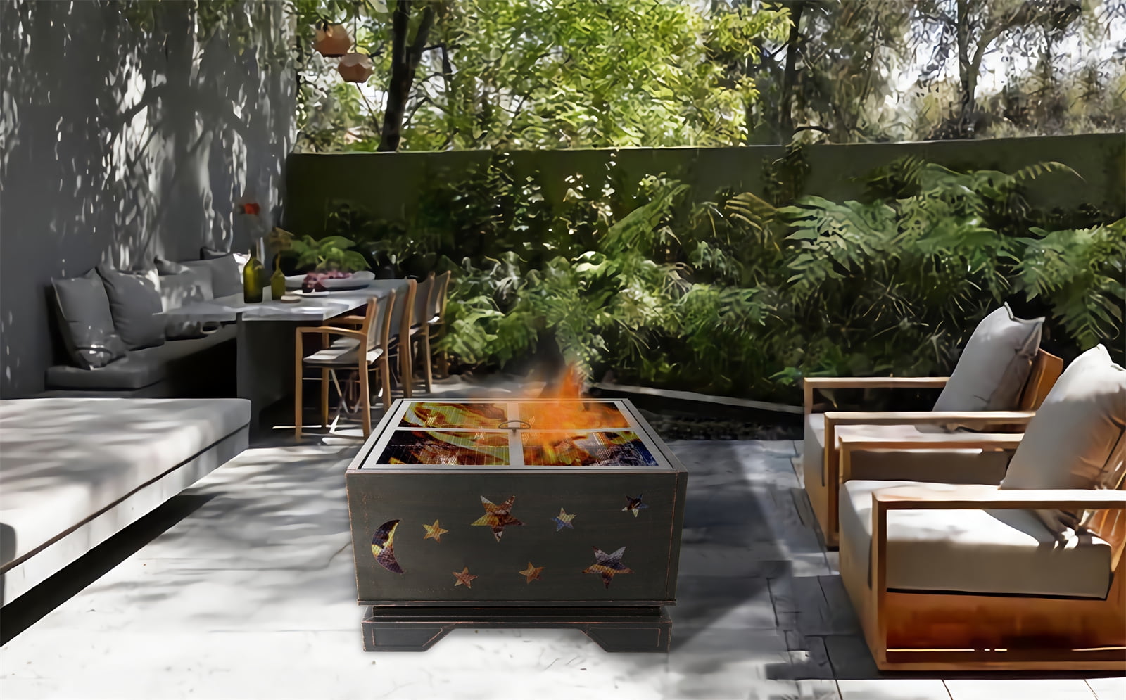 26" Square Fire Pit with BBQ Grill, Outdoor Wood Burning Firepit with ...