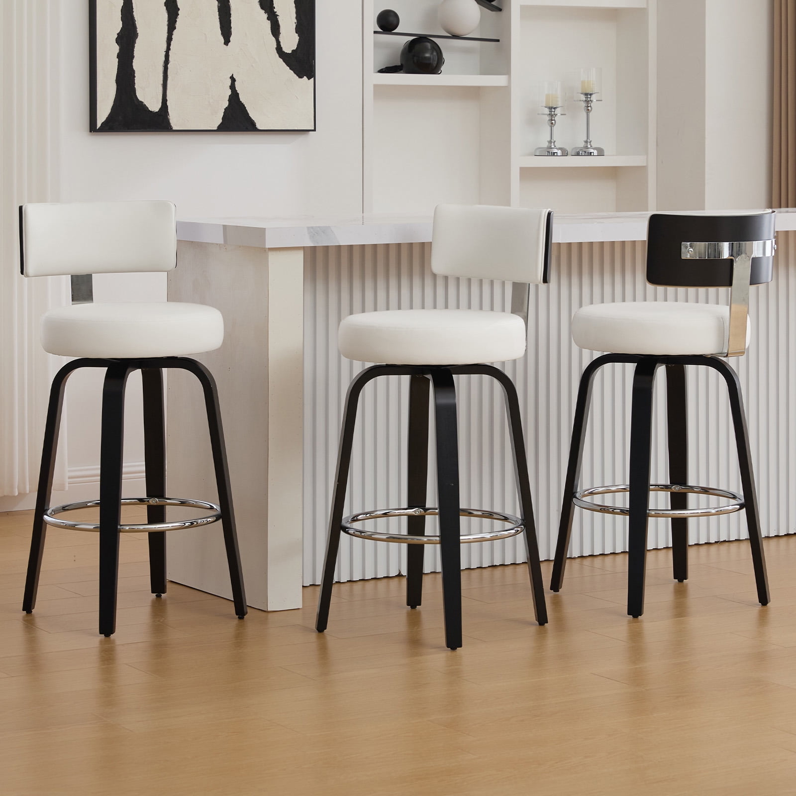 26"Swivel Counter Height Bar Stools Set of 3, Upholstered Modern Faux ...