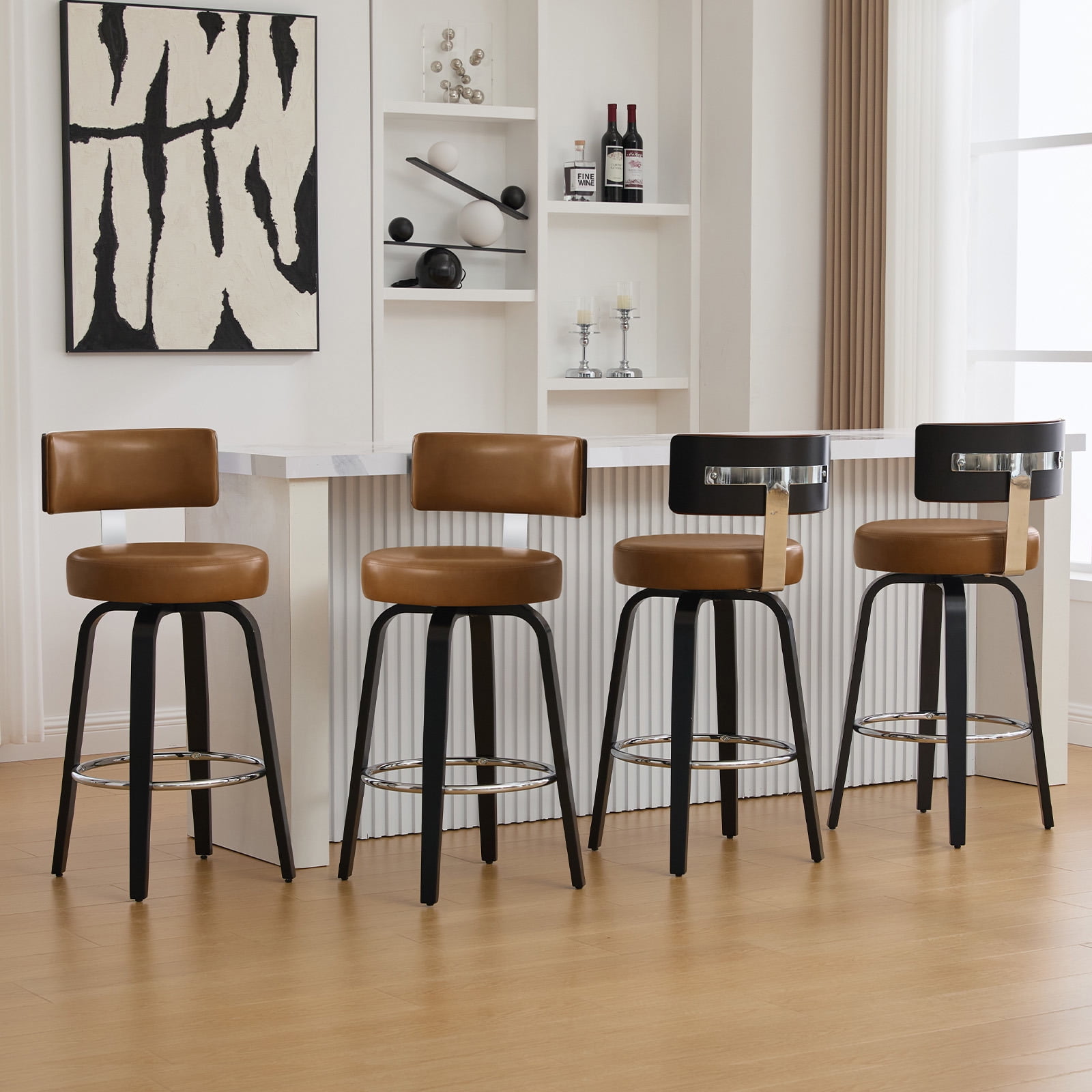 26"Swivel Counter Height Bar Stools Set of 4, Upholstered Modern Faux Leather Barstools with ...