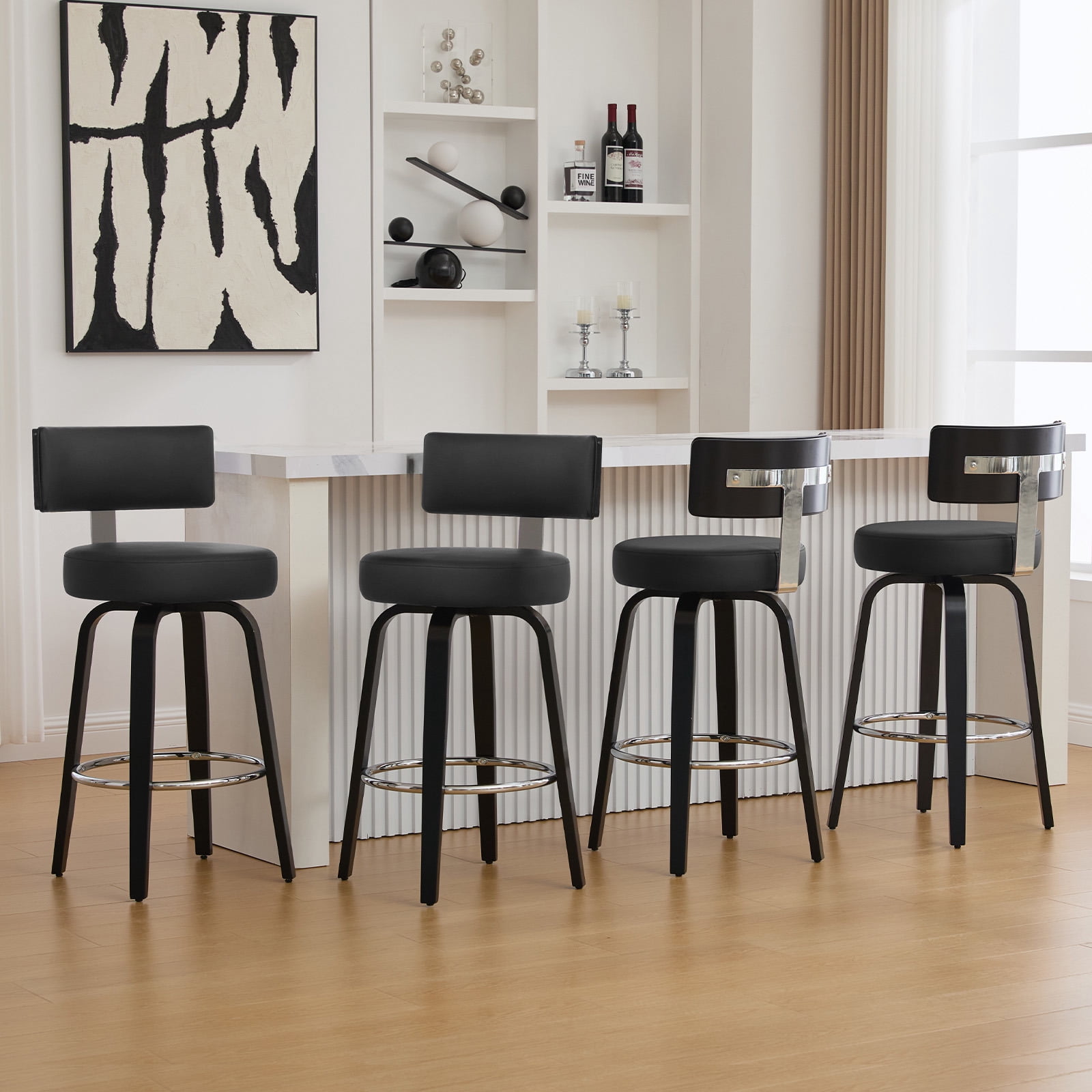 26"Swivel Counter Height Bar Stools Set of 4, Upholstered Modern Faux ...