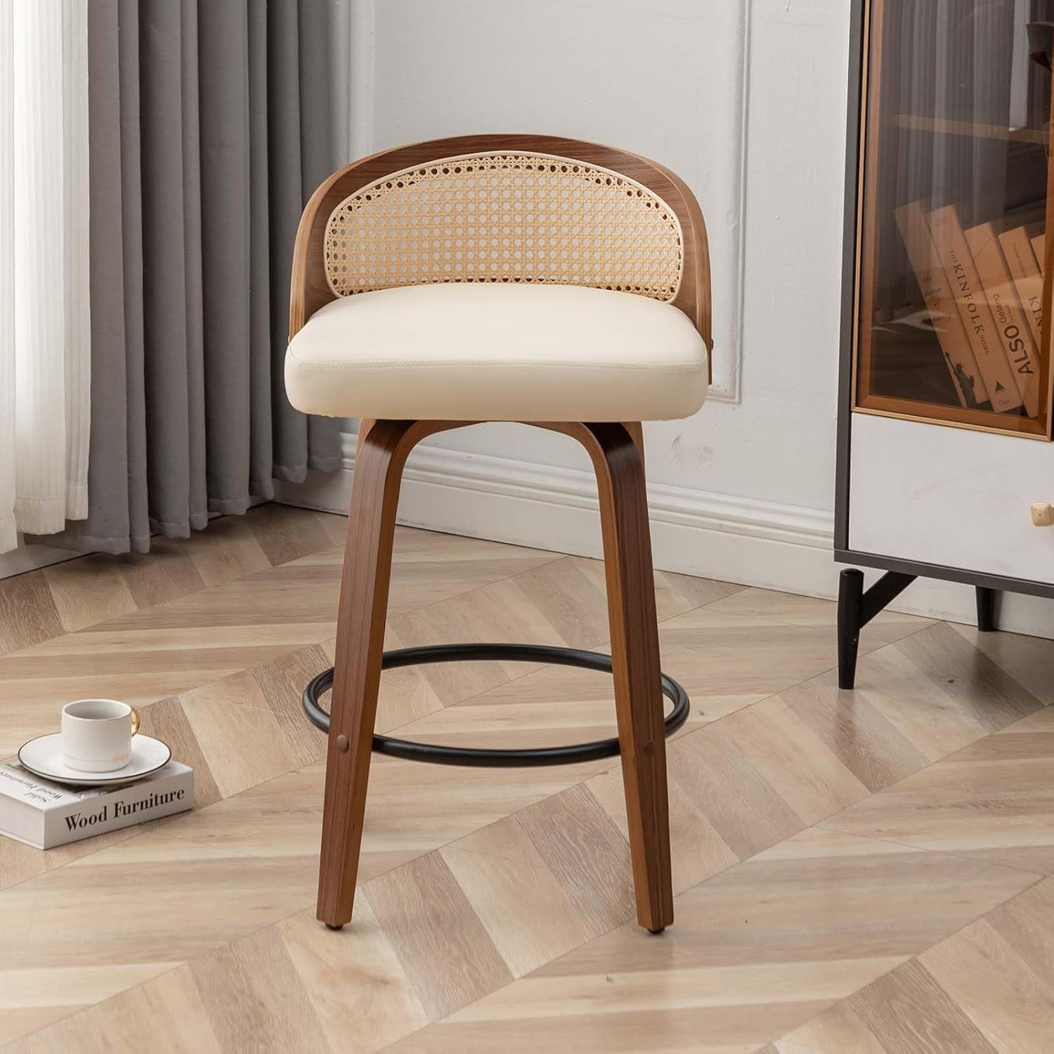 26" Swivel Rattan Bar Stools,Mid-Century Modern Beige Leather Upholstered Counter Height Stools ...