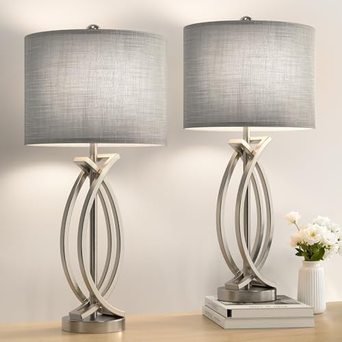 26" Table Lamps for Bedroom Set of 2, Brushed Nickel Bedside Lamps with ...