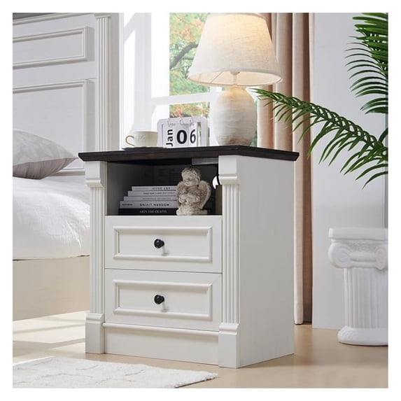26" Tall Farmhouse Nightstand, 2 Drawers End Table w/Charging Station ...