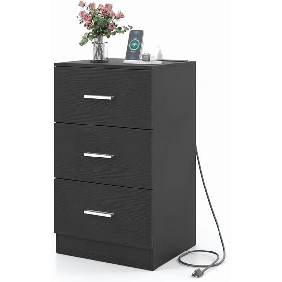 26" Tall Night Stand with Charging Station & 3 Drawers, Black Wooden ...