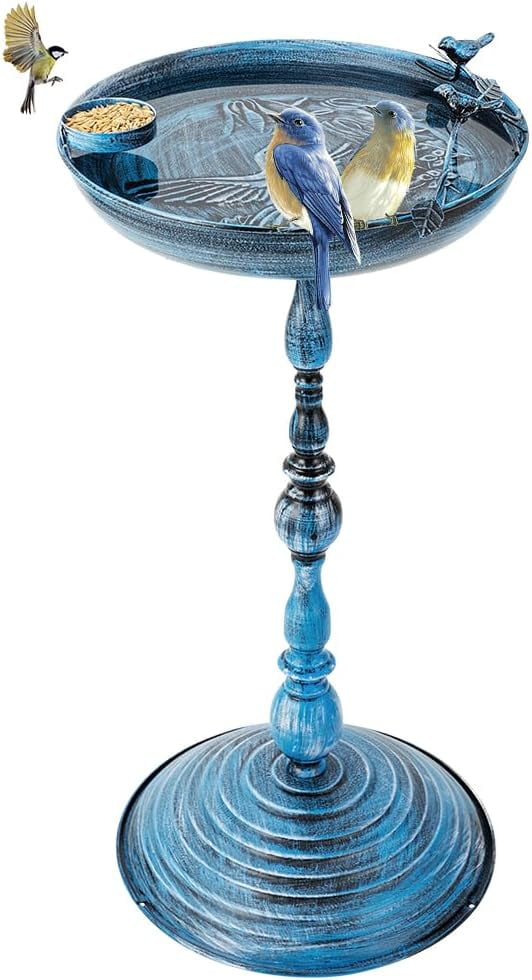 26" Tall Pedestal Bird Bath for Outdoor Use, Metal Blue Bird Bath with ...