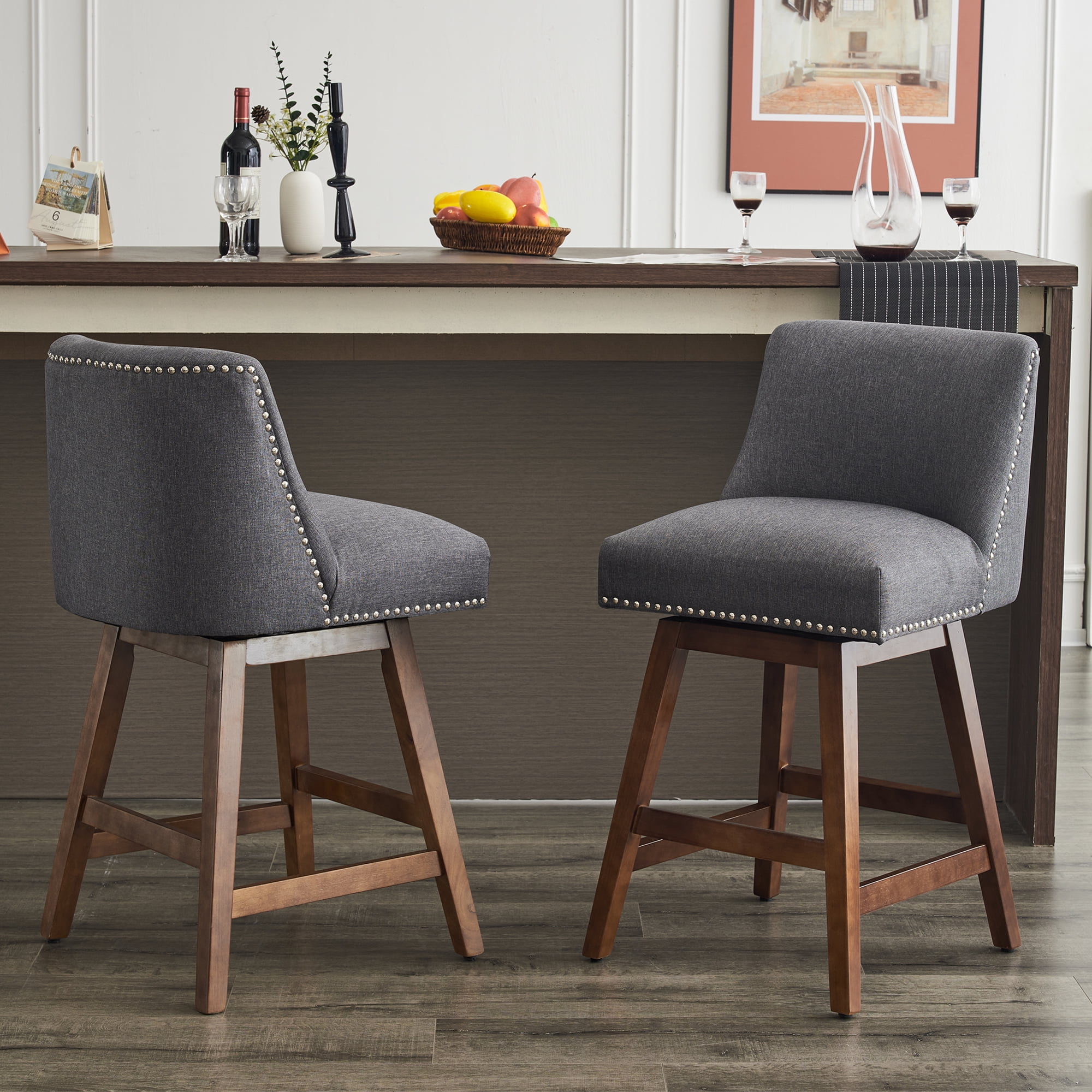 26" Upholstered Swivel Bar Stools Set of 2, Modern Linen Fabric High ...
