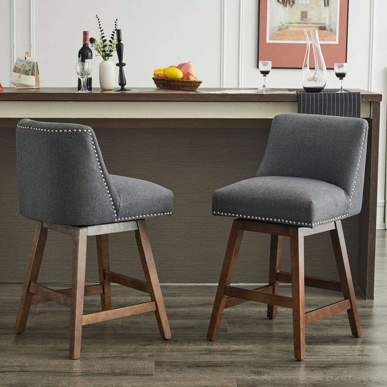 26 Upholstered Swivel Bar Stools Set of 2 Modern Linen Fabric High Back Counter Stools with Nail Head Design and Wood Frame Walmart