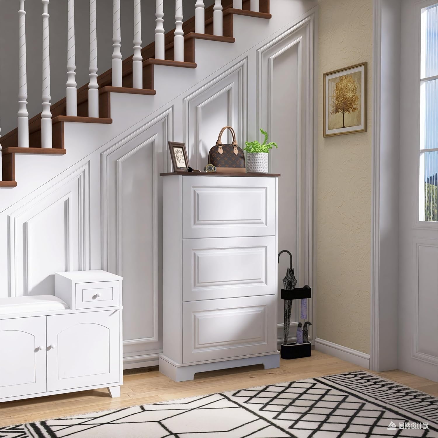 26" W Farmhouse Shoe Cabinet with 3 Flip Drawers, Handleless Shoe ...