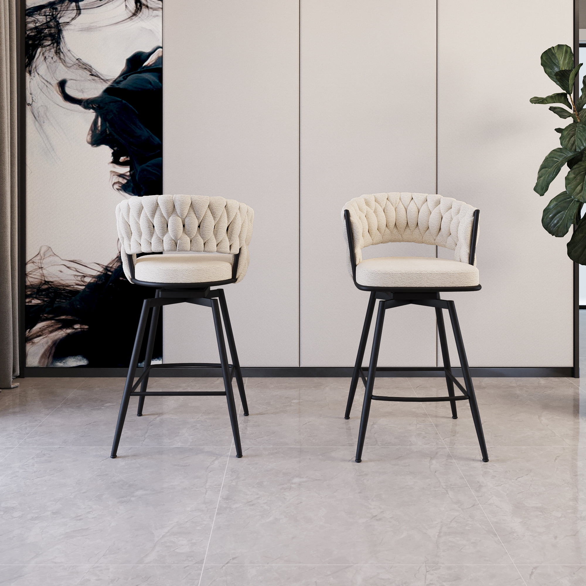26" White Linen Woven Bar Stool Set of 2, 360° Swivel Kitchen Island ...