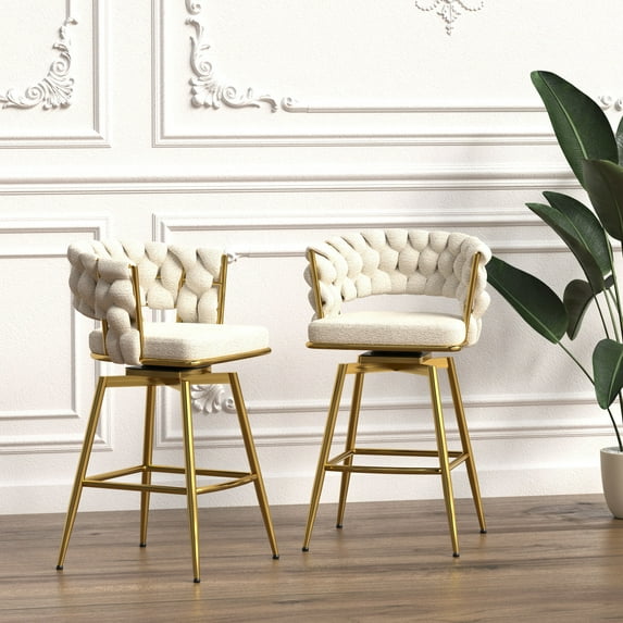 26" White Upholstered Swivel Bar Stools Set of 2 with Back and Footrest ...