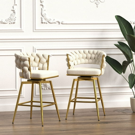 26" White Woven Bar Stool Set | 360 Degree Rotation & Comfort Design ...