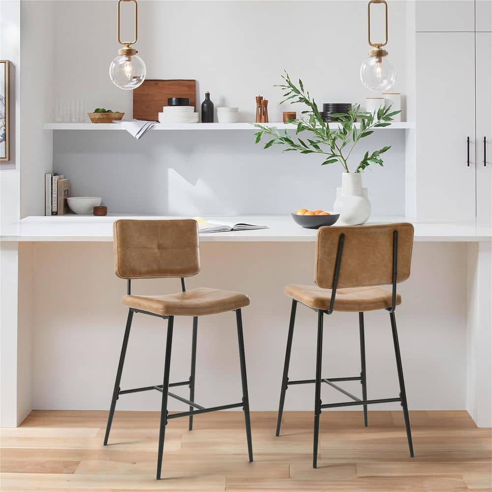 26 in. Blackburn Mid-Century Modern Cognac Faux Leather Counter Stool ...