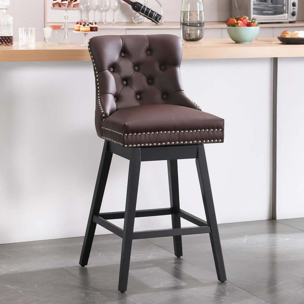 26 in. Brown Faux Leather Upholstered Solid Wood Frame Counter Height ...