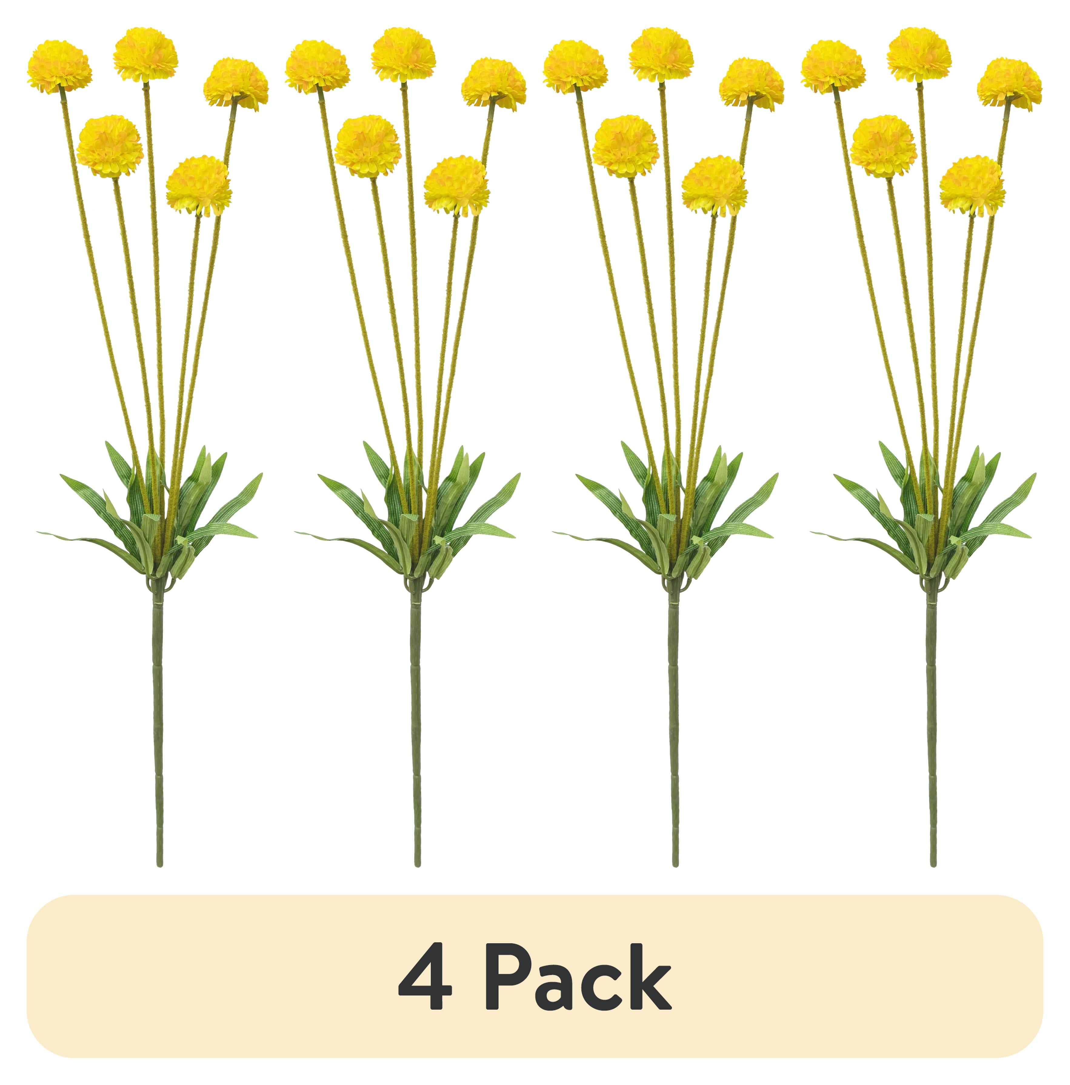 (4 pack) 26-inch Artificial Silk Yellow 5 Heads Ball Mum Long Stem, for ...